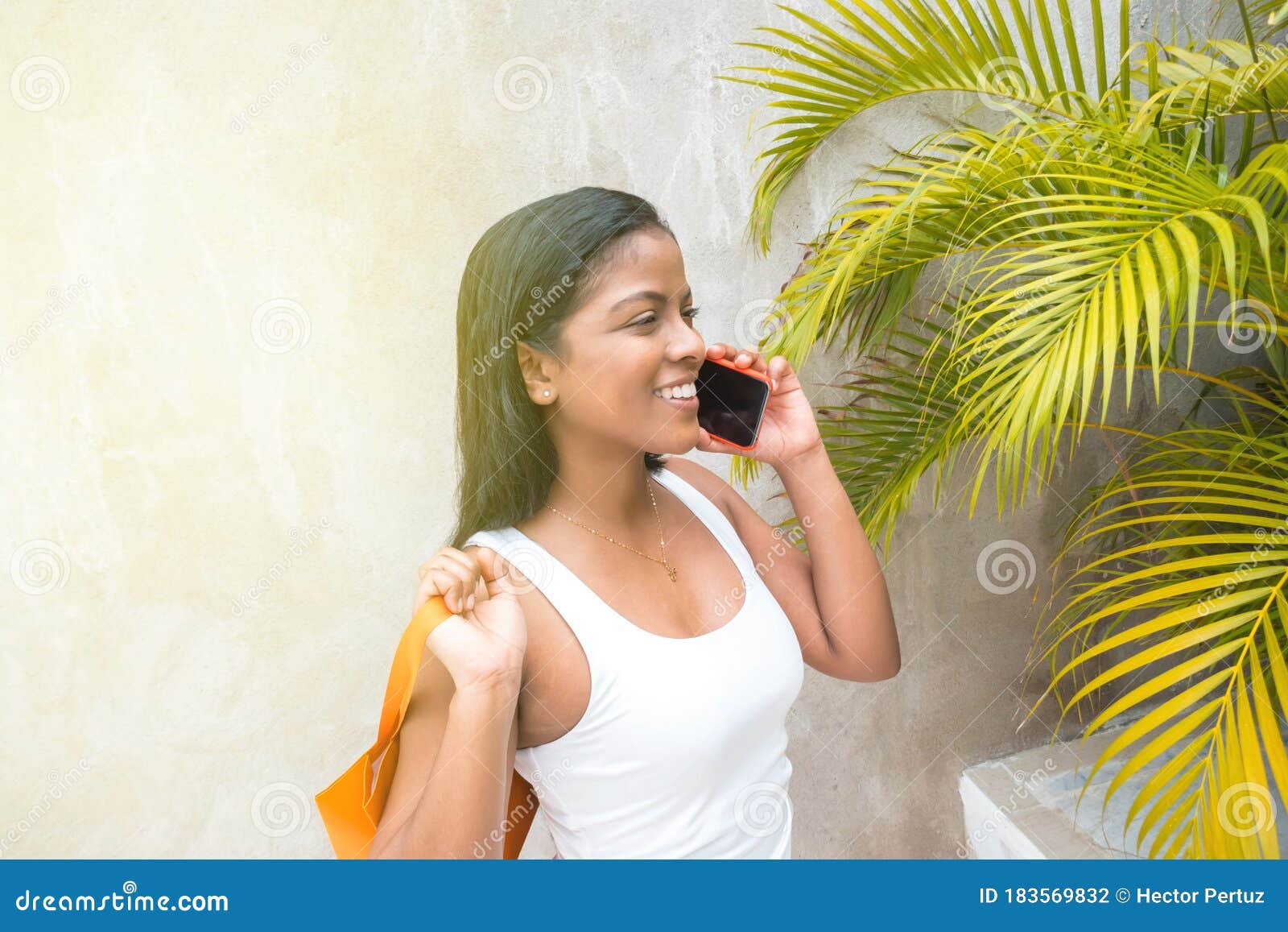 Portrait Of An African American Woman Talking On A Cell Phone Stock