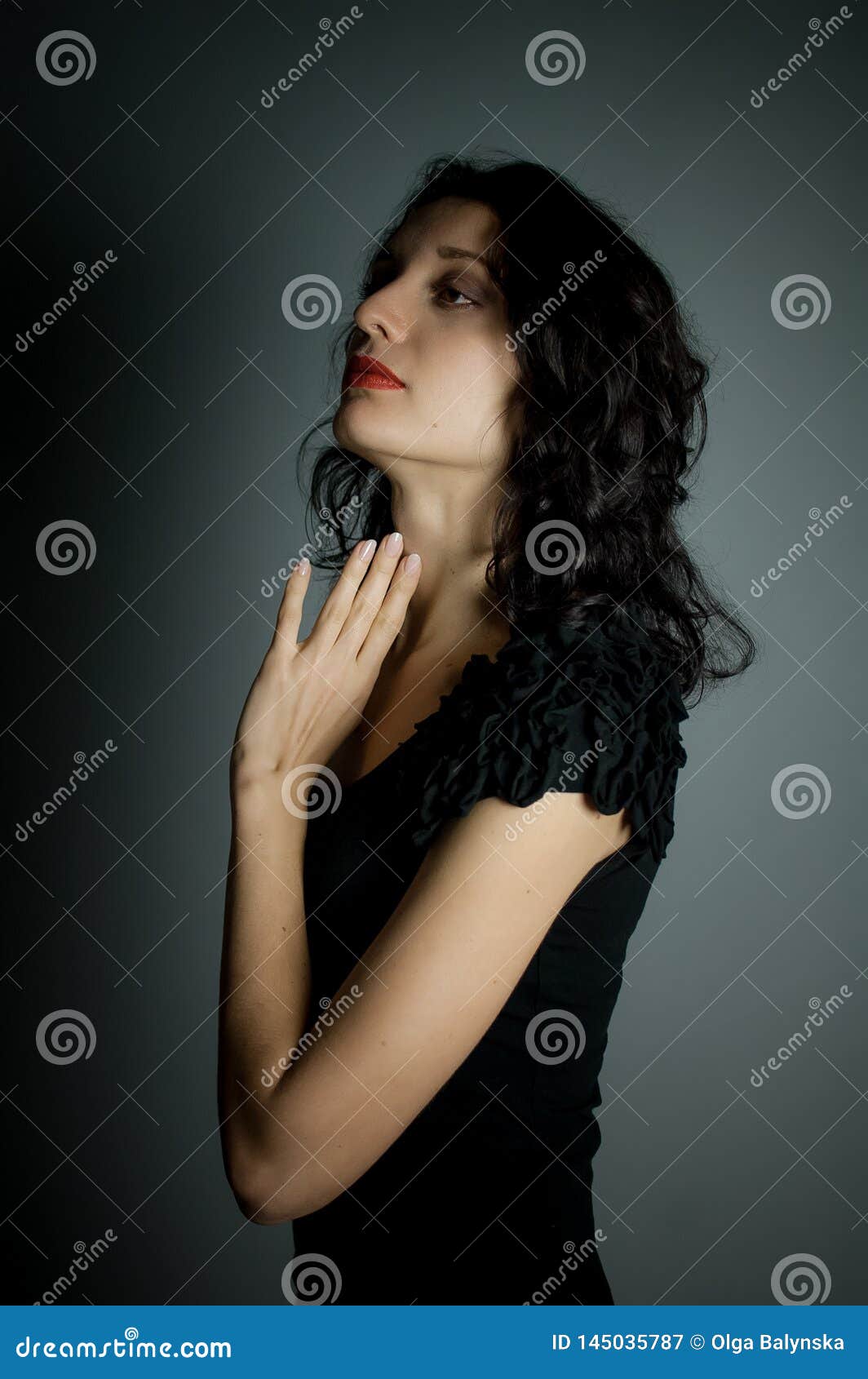 Portrait Of Amazing Young Brunette Woman With Red Sensual Lips Posing