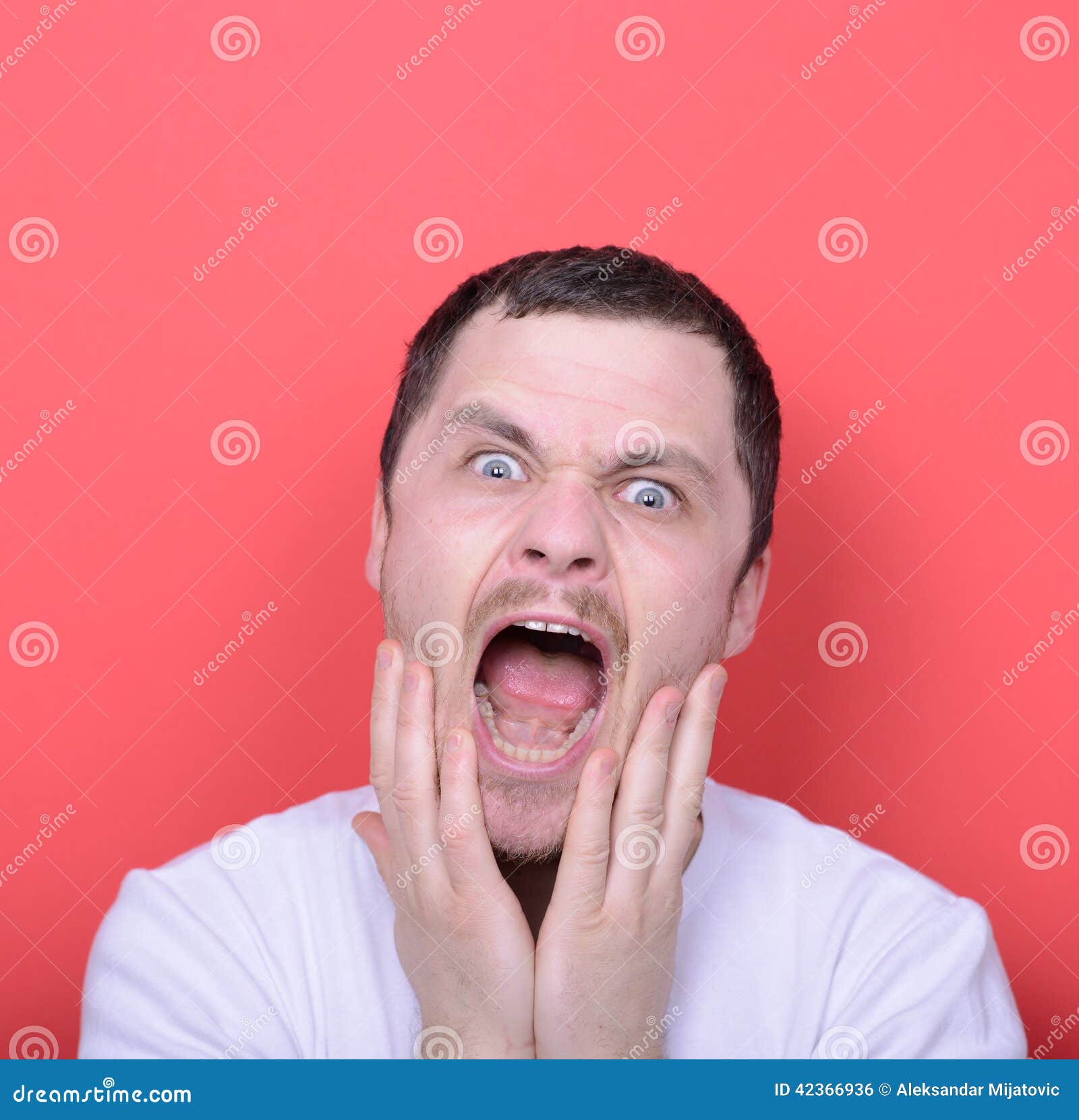 Portrait of Angry Man Screaming Against Red Background Stock Photo ...