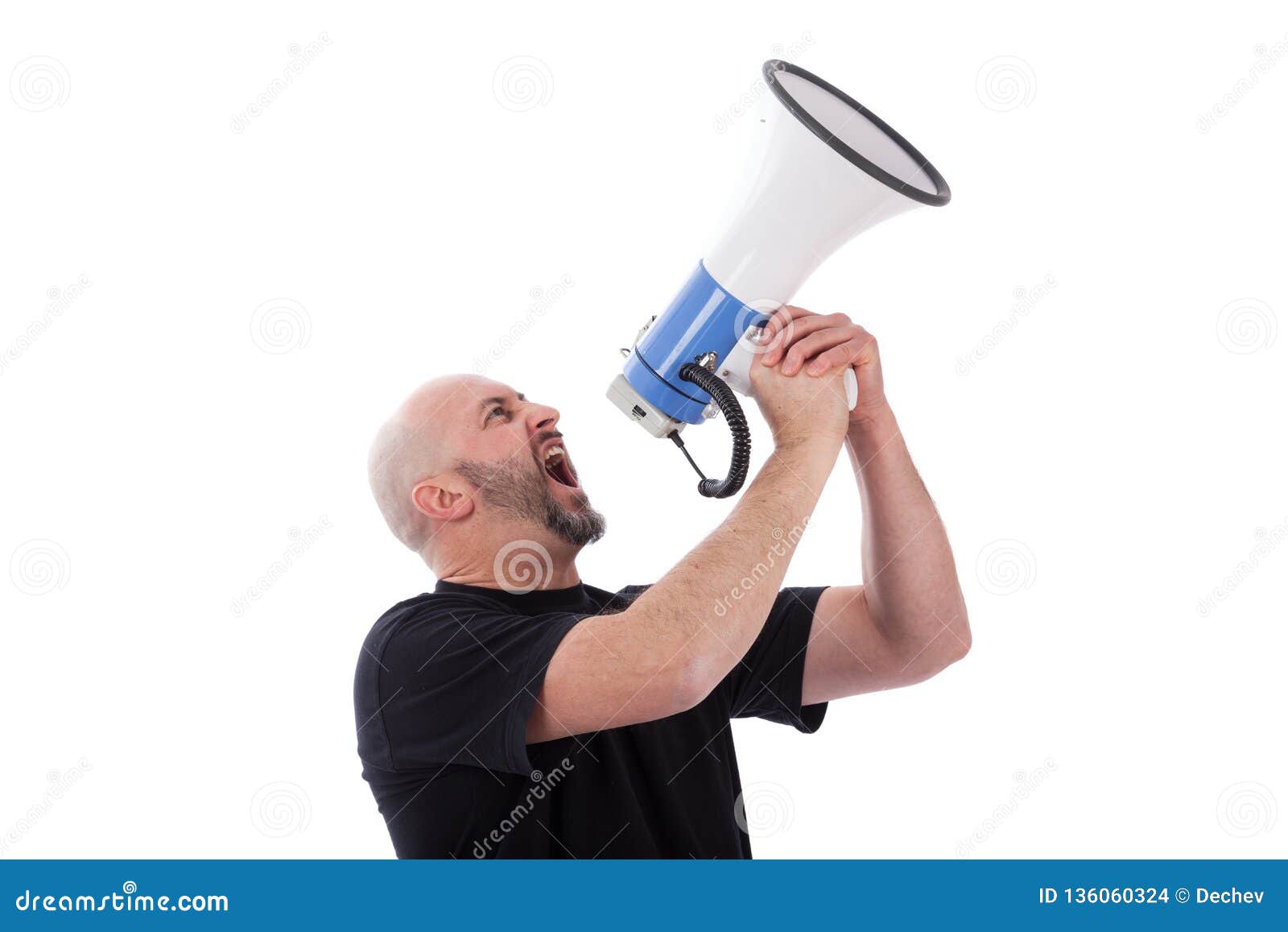 Portrait of Angry Man Shouting with a Megaphone. Bearded Man Yelling ...