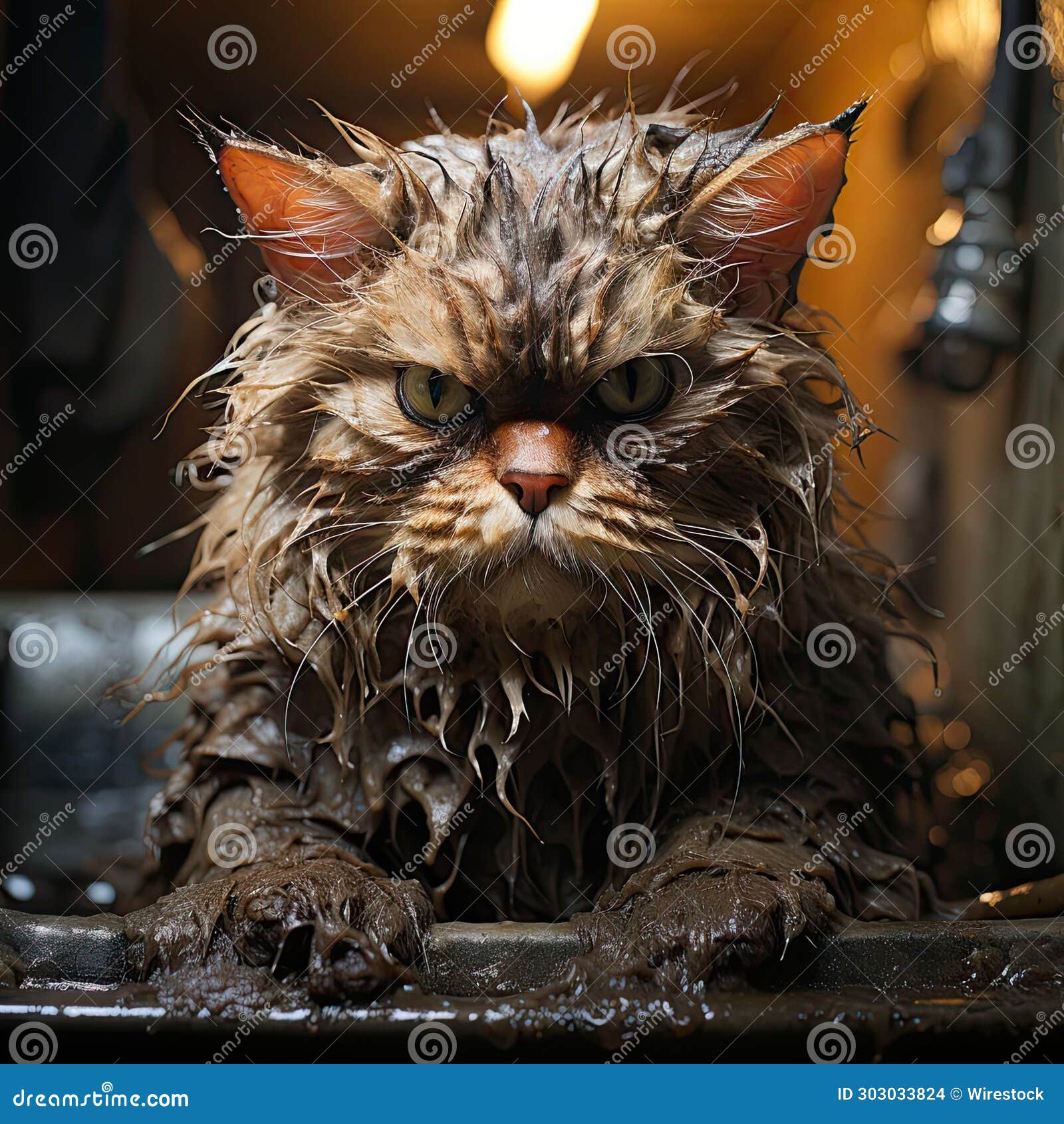 Portrait of an Angry and Muddy Wet Cat, AI-generated. Stock ...