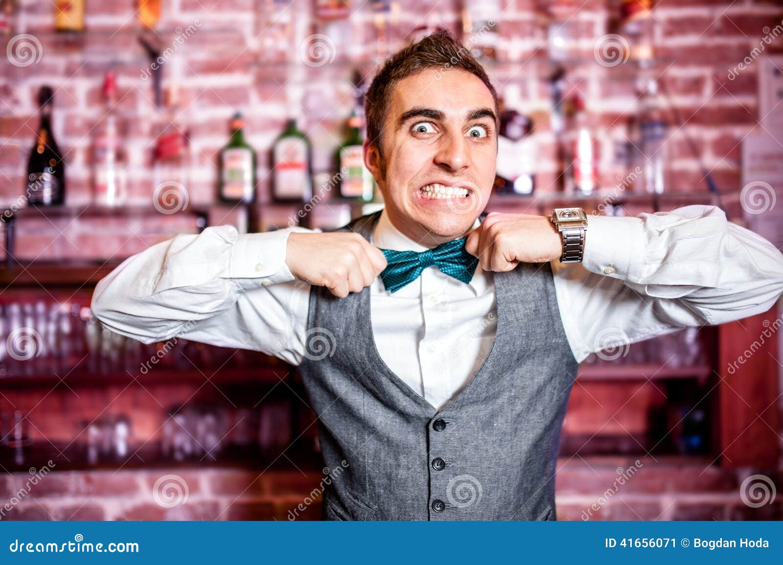 Portrait of Angry and Stressed Bartender or Barman with Bowtie Stock ...