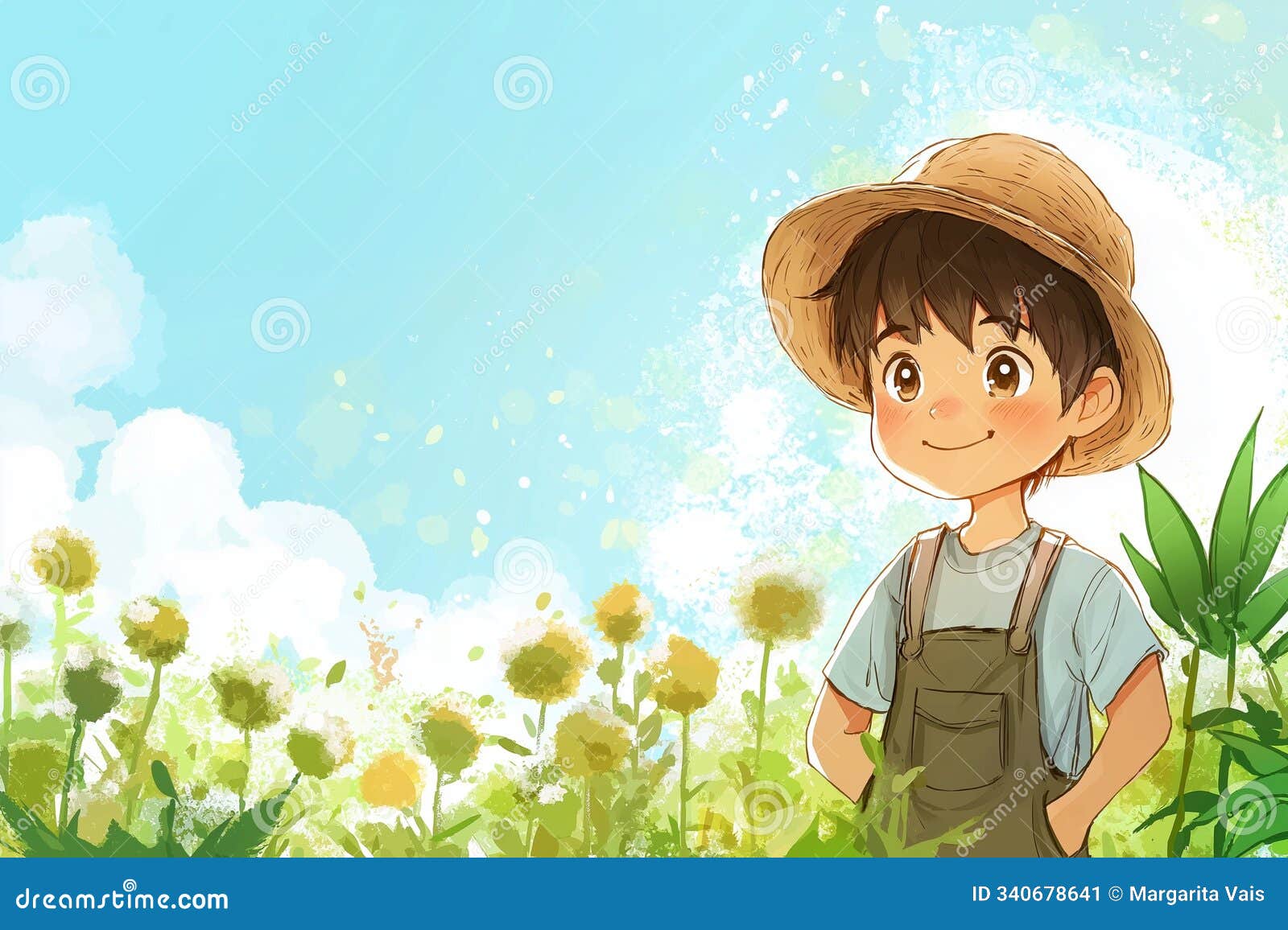 Portrait of an Anime Boy Farmer in a Straw Hat on Field with Copy Space ...