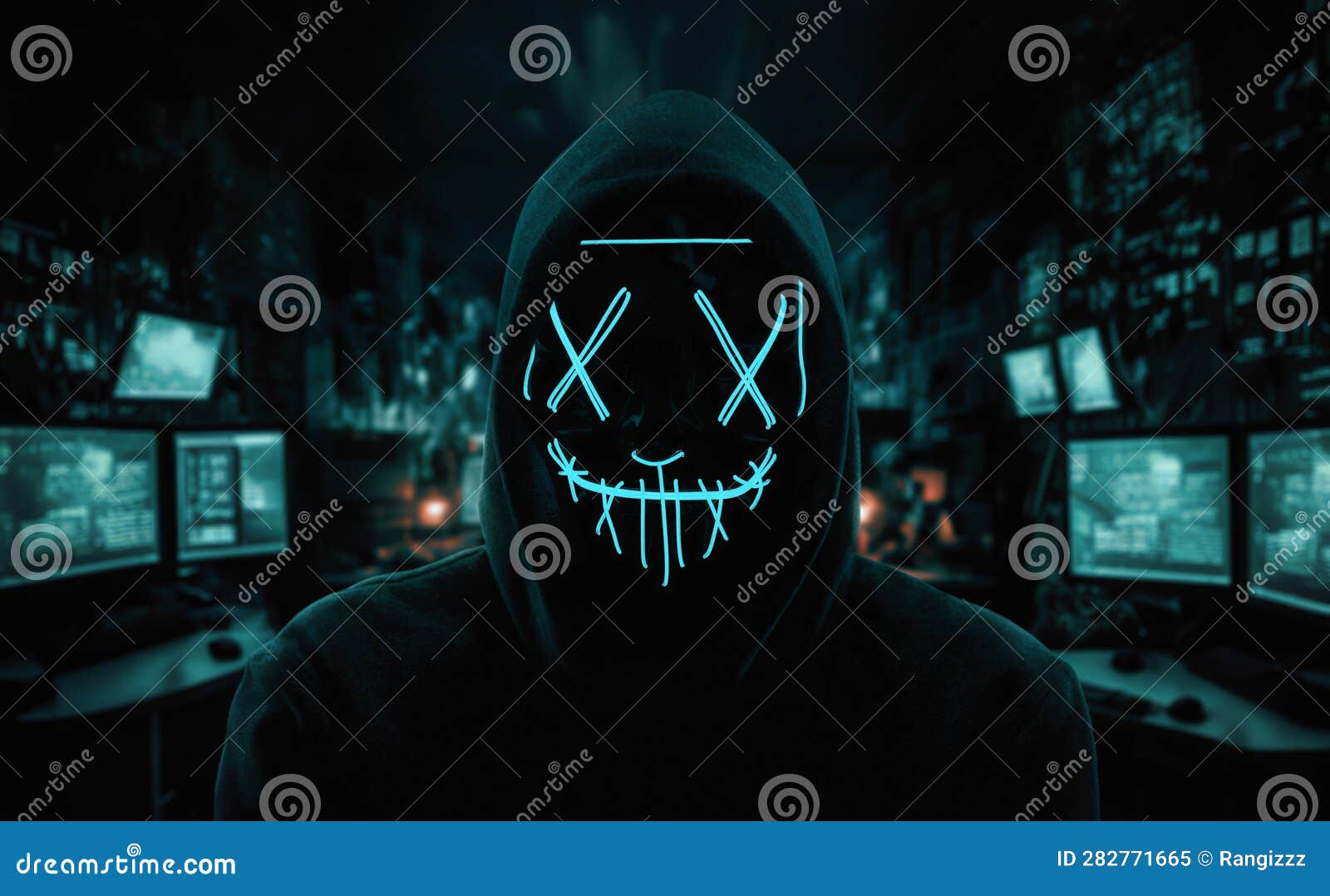Hacker Wearing A Hoody With Computers In The Background Stock ...