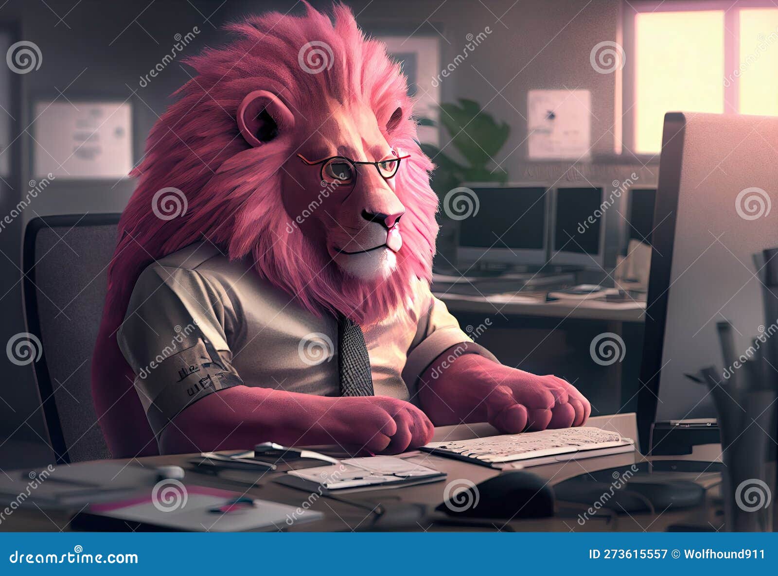 Portrait of an Anthropomorphic Pink Lion As a Developer in the Office ...
