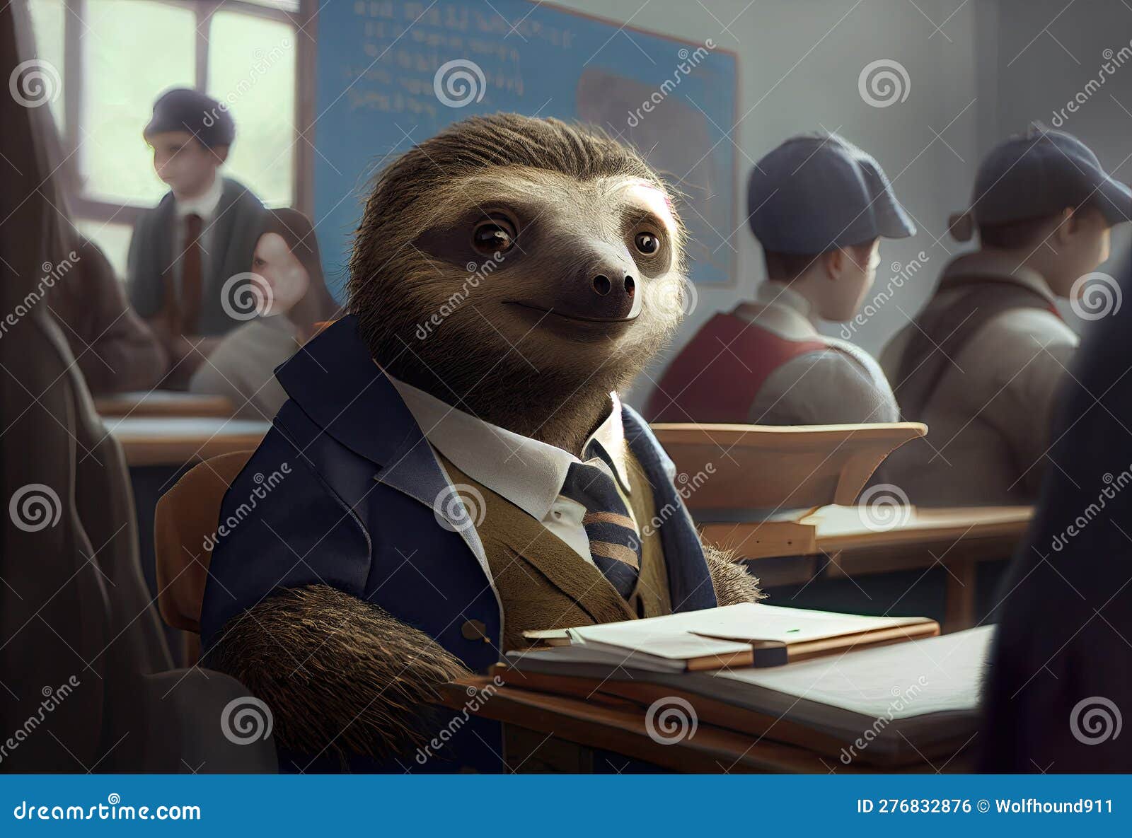 A Sloth Schoolboy With Stack Of Books In Hands And A School Bag On His ...