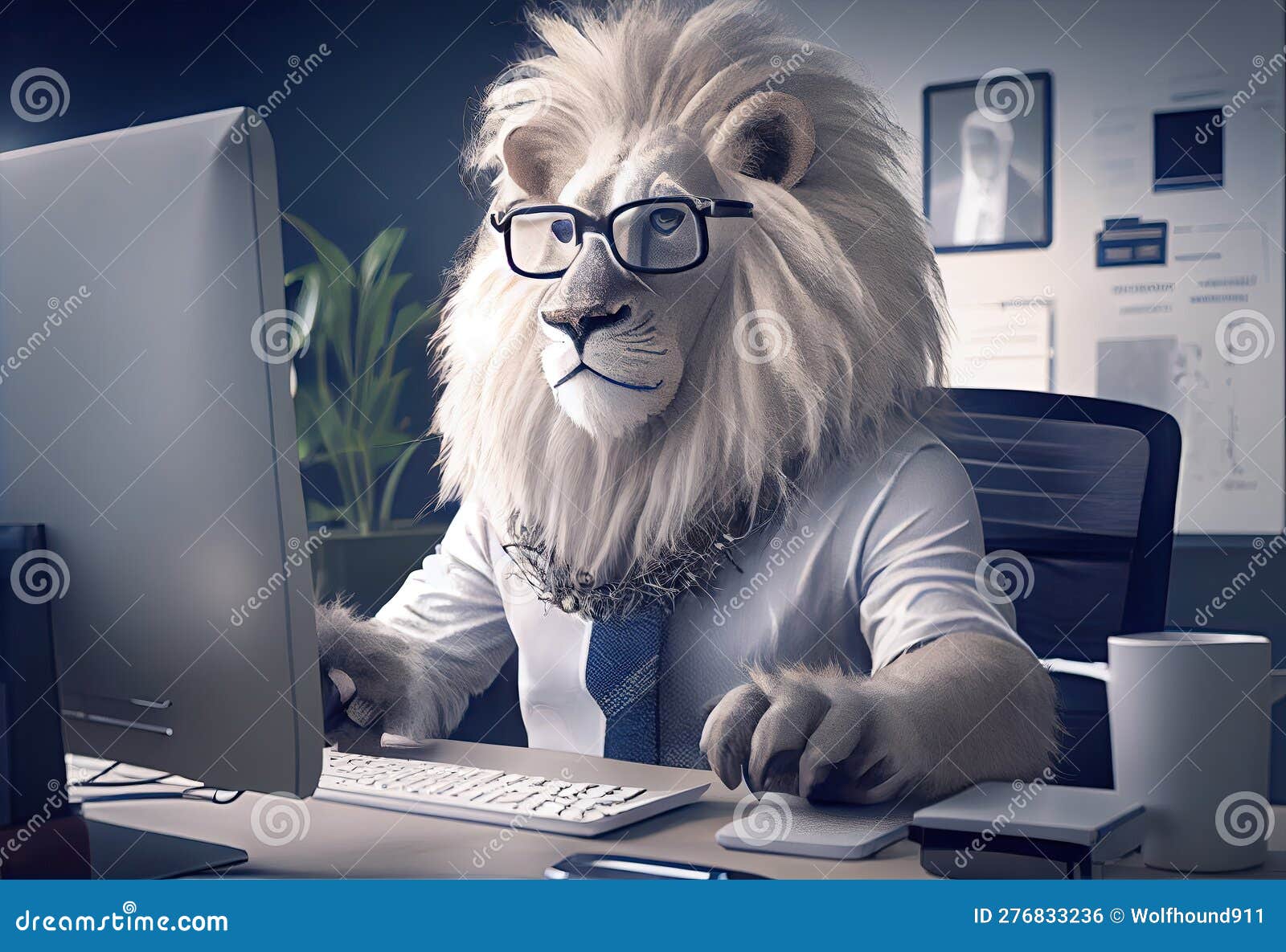 Portrait of an Anthropomorphic White Lion As a Developer in the Office ...
