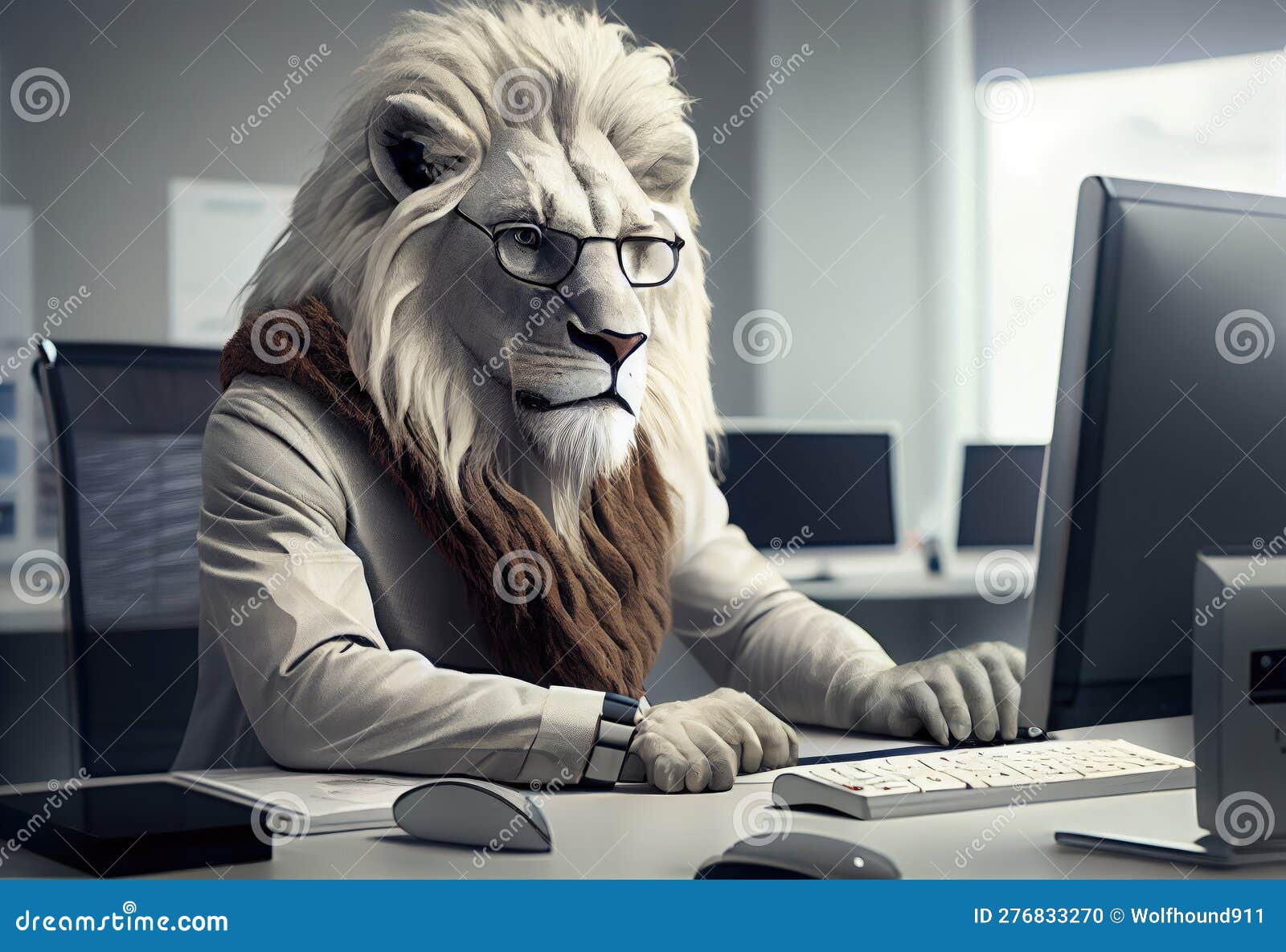 Portrait of an Anthropomorphic White Lion As a Developer in the Office ...