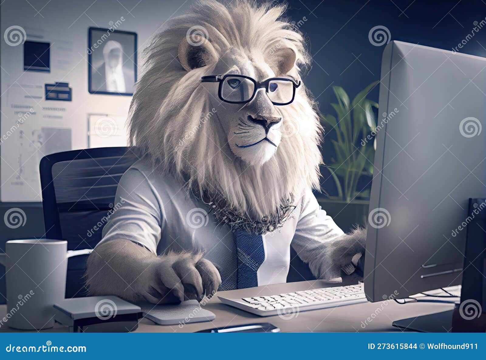 Portrait of an Anthropomorphic White Lion As a Developer in the Office ...
