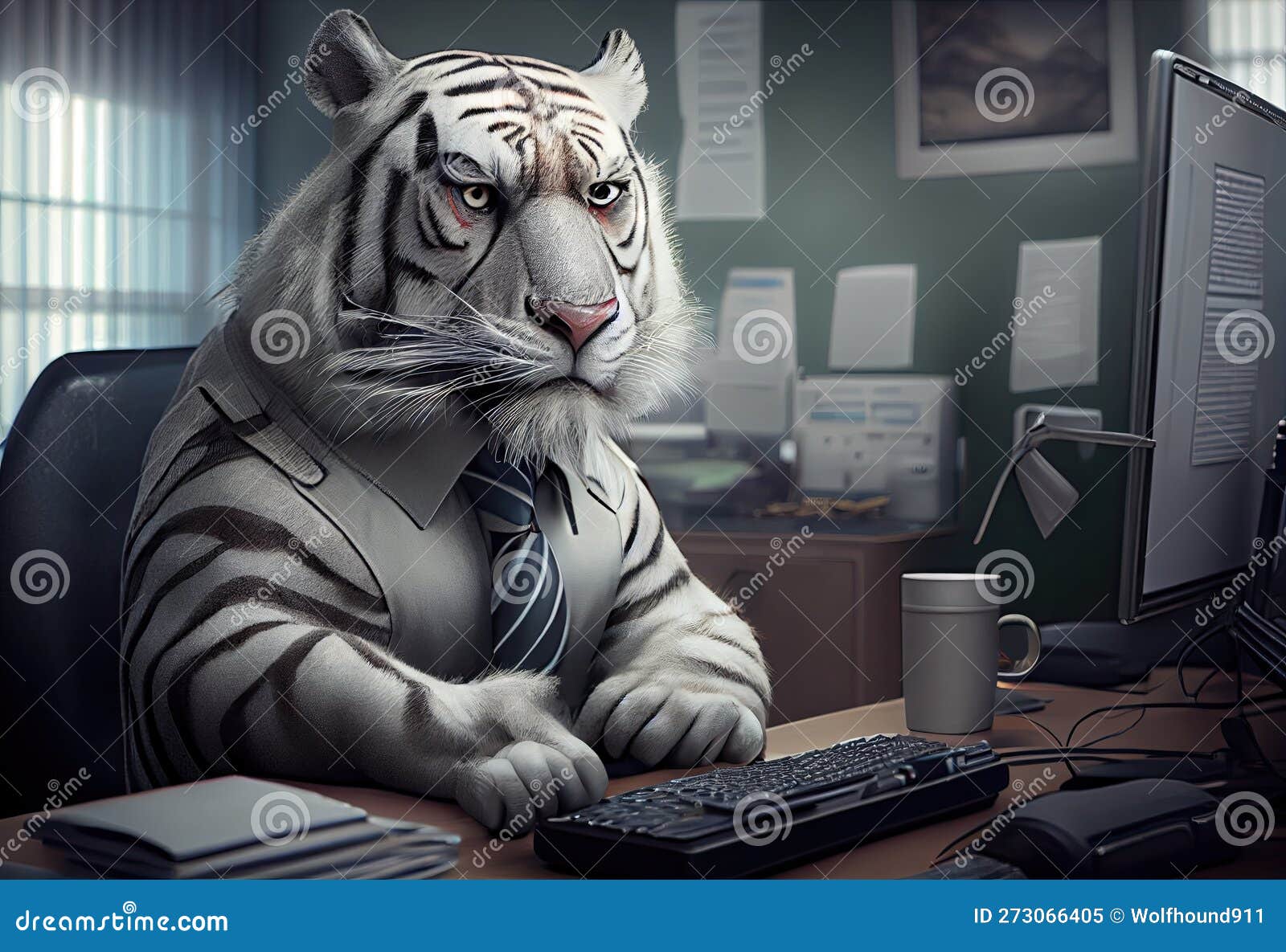 Portrait of an Anthropomorphic White Tiger As a Developer in the Office ...