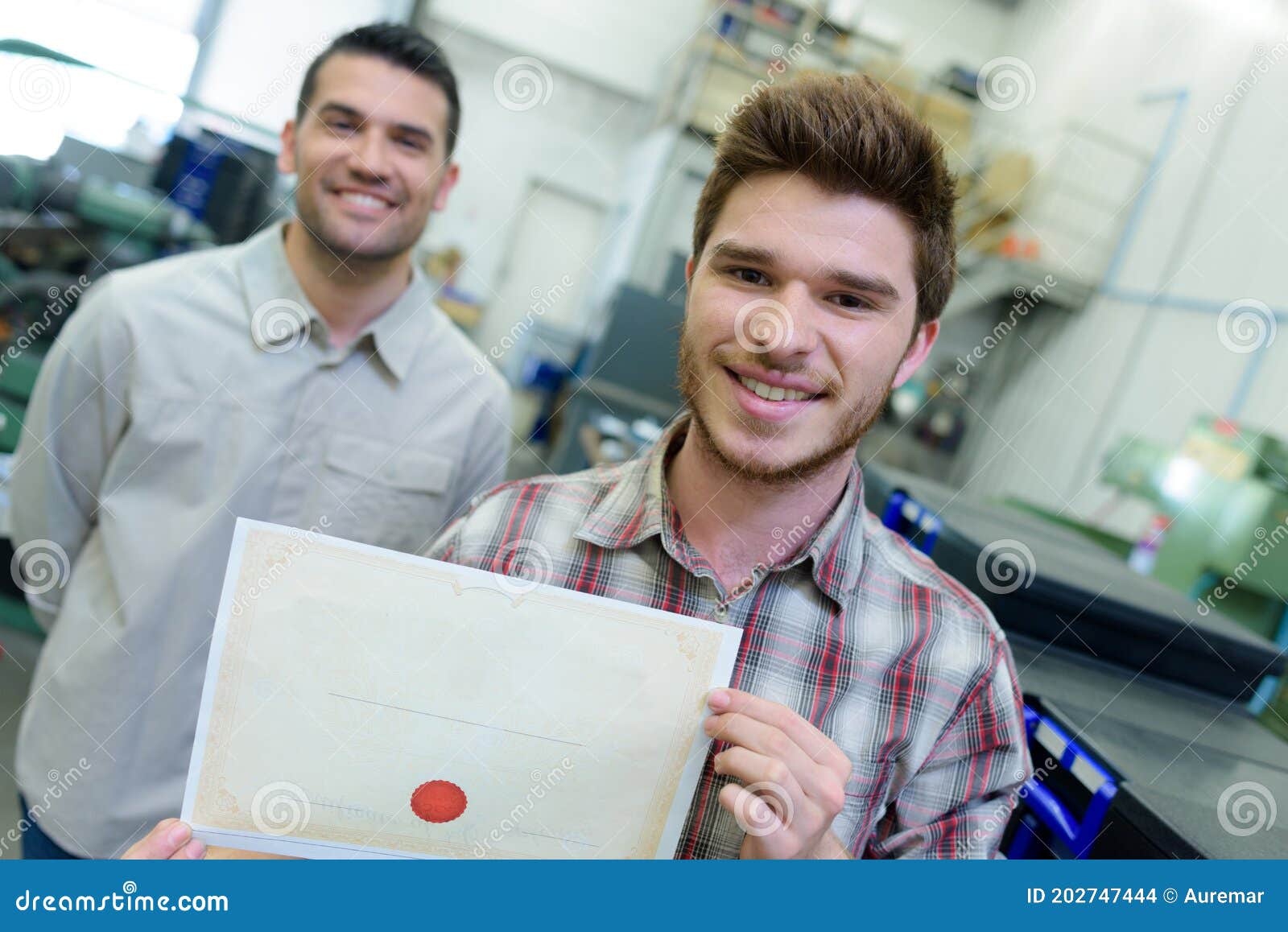 Portrait Apprentice Holding Certificate Stock Photo - Image of craft ...
