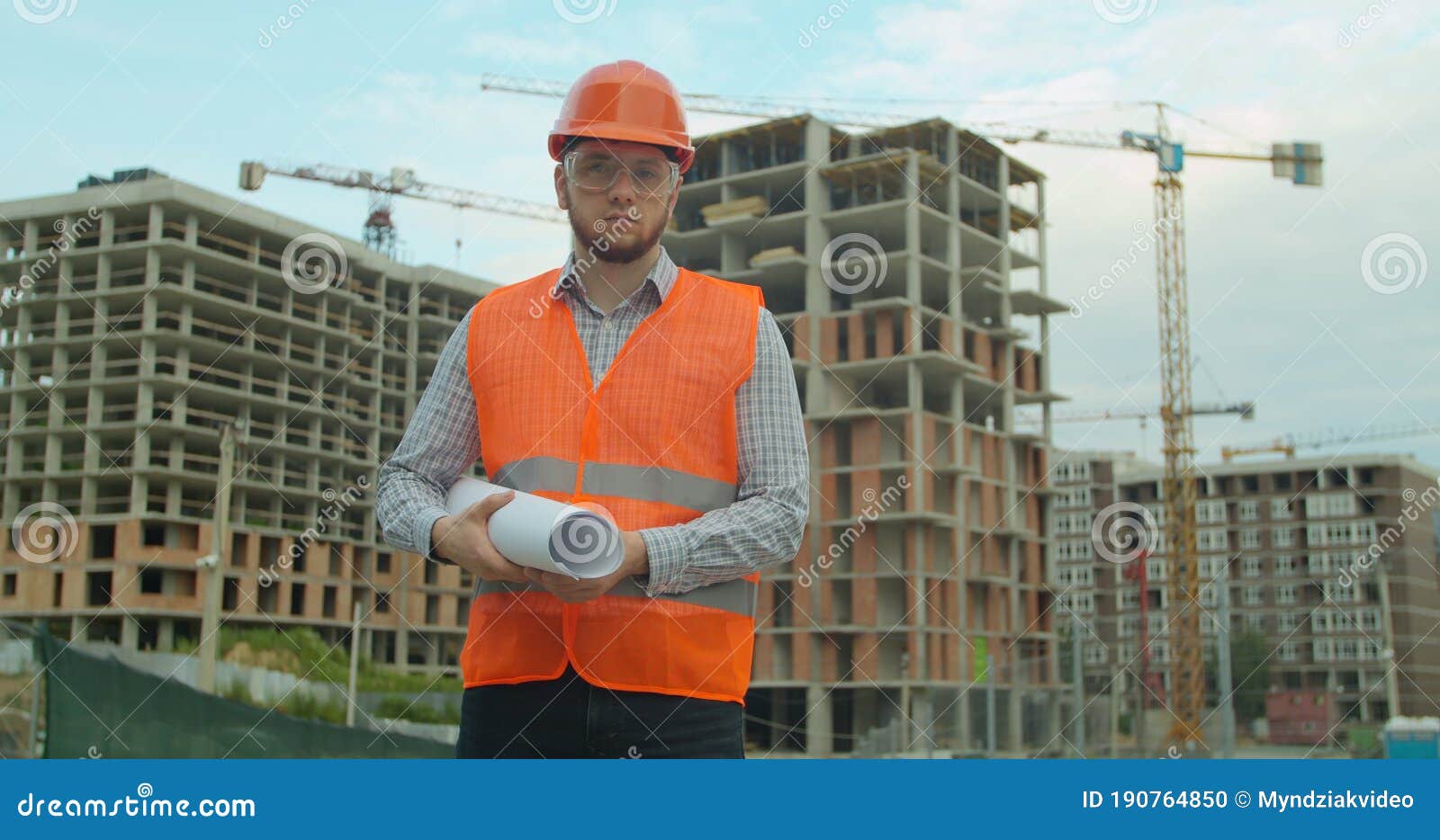 Portrait of an Architect or Builder in Hard Hat Standing in Front of ...