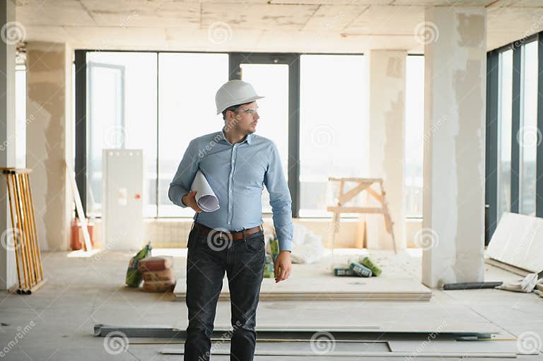 Portrait of an Architect Builder Studying Layout Plan of the Rooms ...