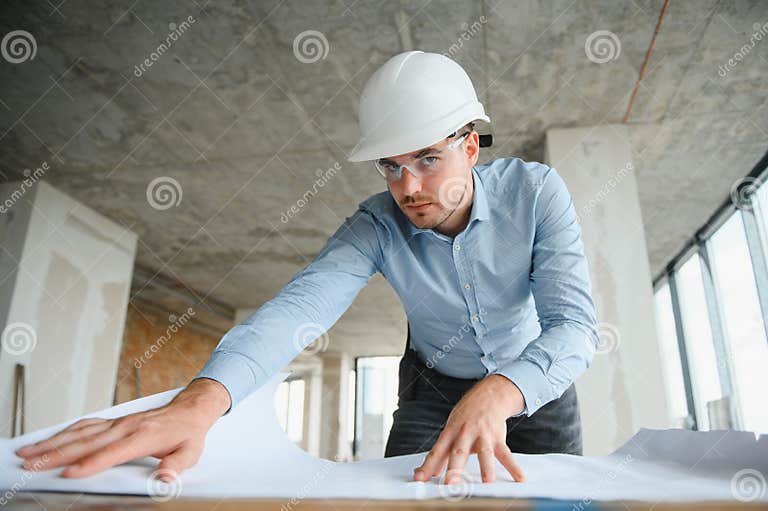 Portrait of an Architect Builder Studying Layout Plan of the Rooms ...