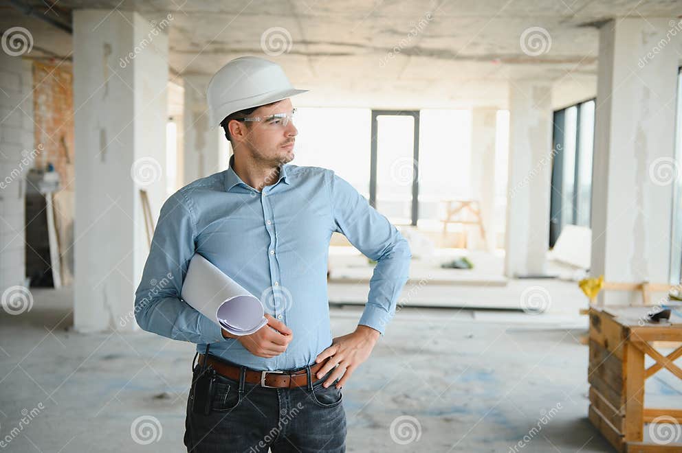 Portrait of an Architect Builder Studying Layout Plan of the Rooms ...