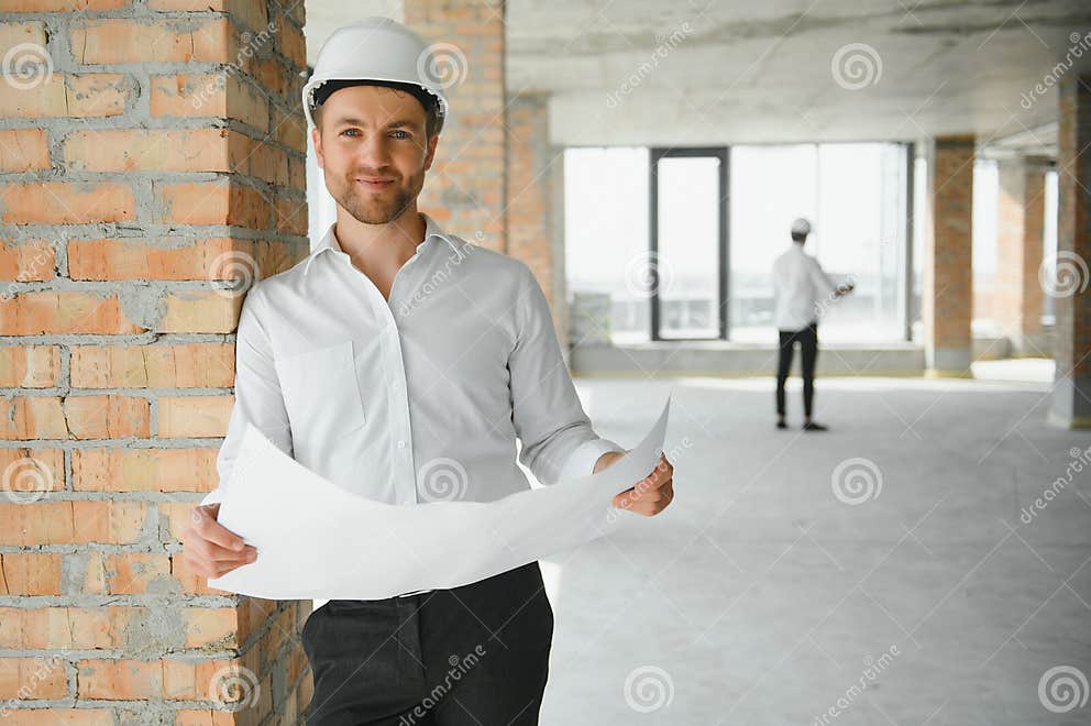 Portrait of an Architect Builder Studying Layout Plan of the Rooms ...