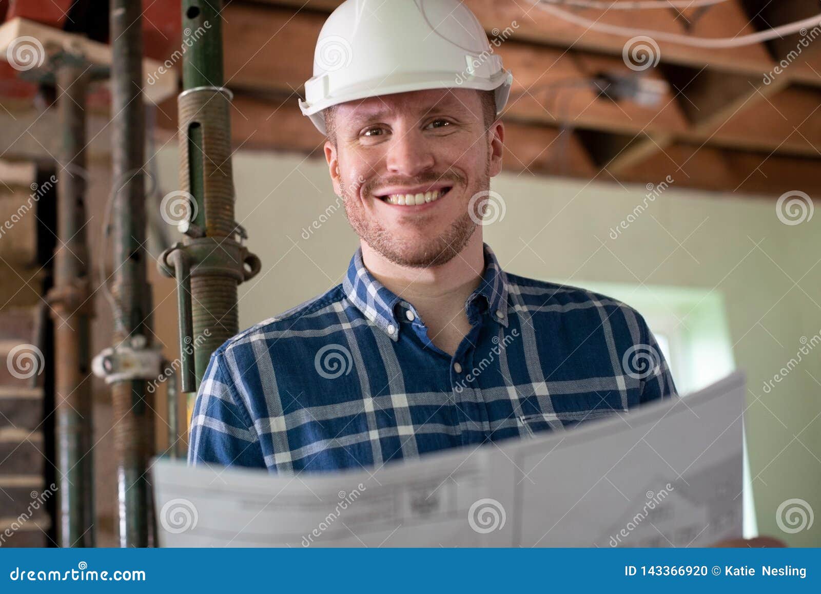 Portrait of Architect Inside House Being Renovated Studying Plans Stock ...