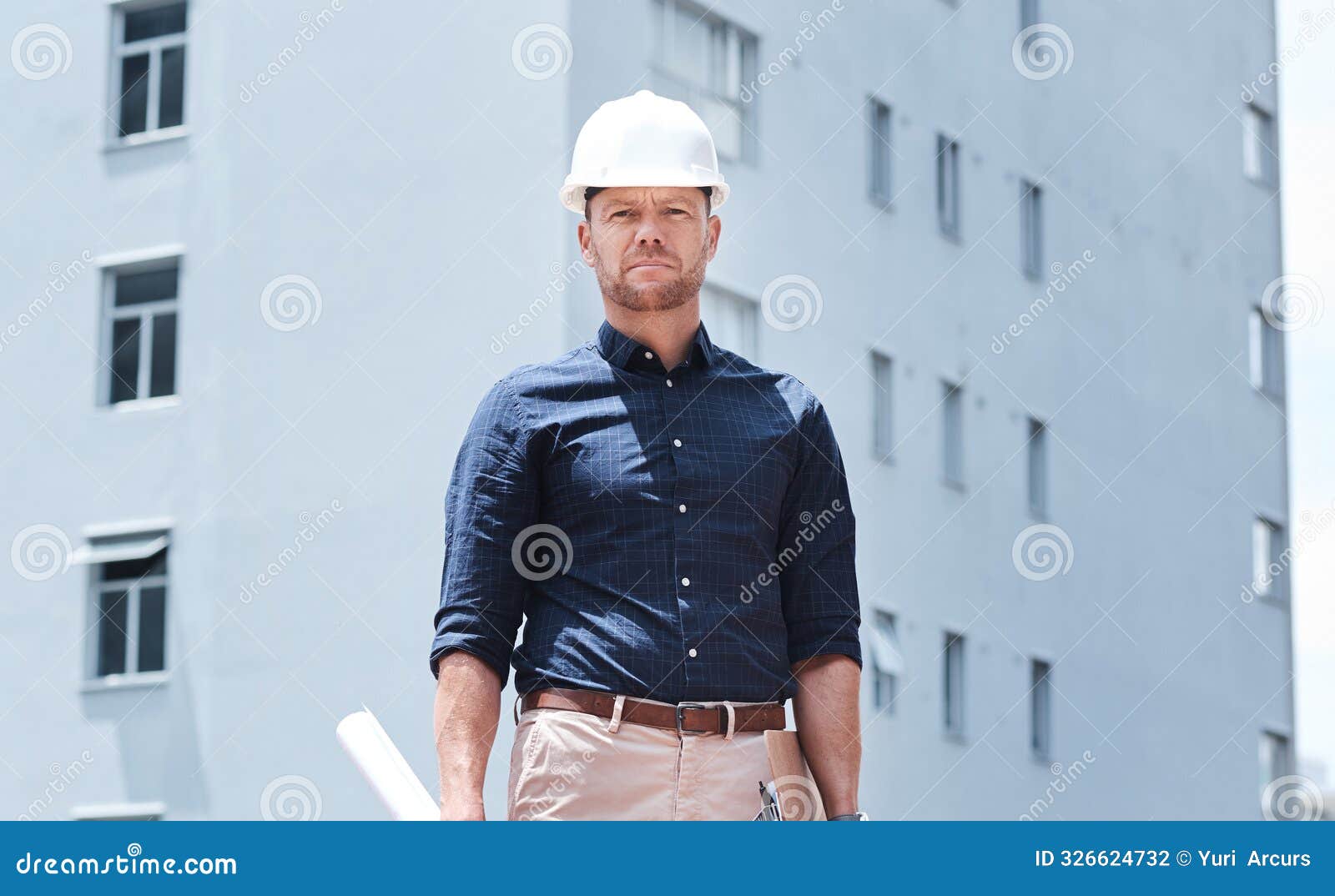 Portrait, Architecture and Man at Construction Site with Blueprint for ...