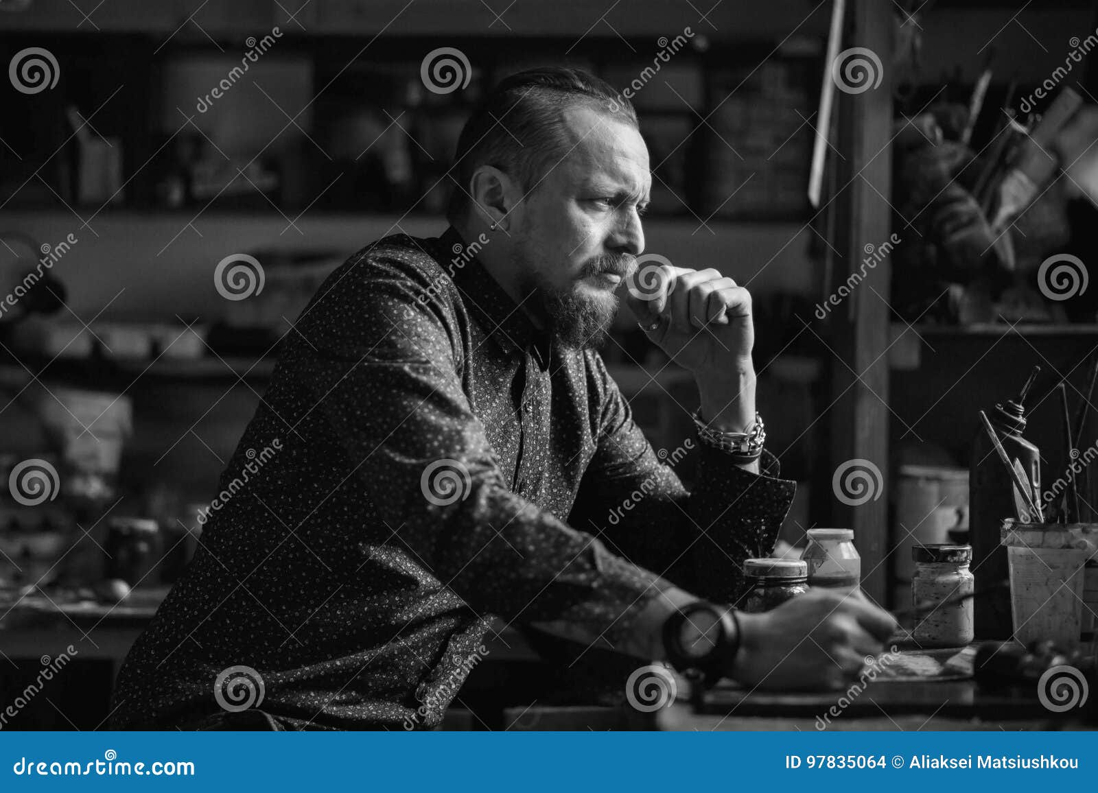 The Portrait Artist Working in His Studio Stock Photo - Image of table ...