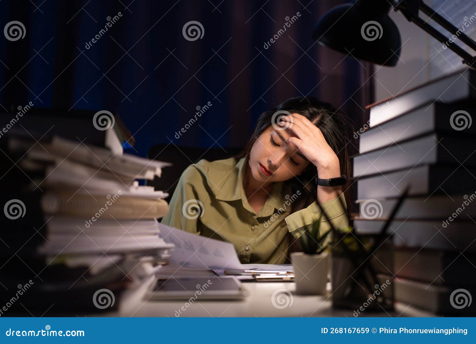 Portrait of Asian Businesswoman Sitting and Working Hard at with Front ...