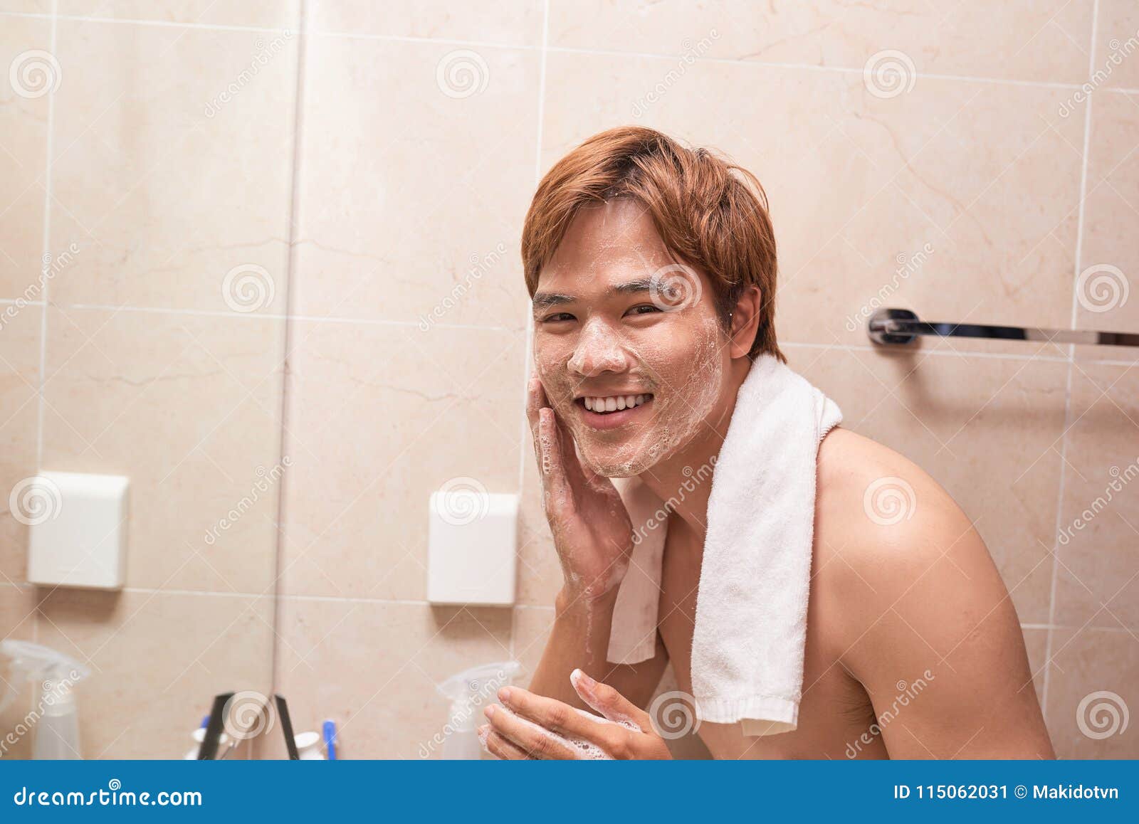 Portrait of an Asian Man Washing in Bathroom Stock Image - Image of ...