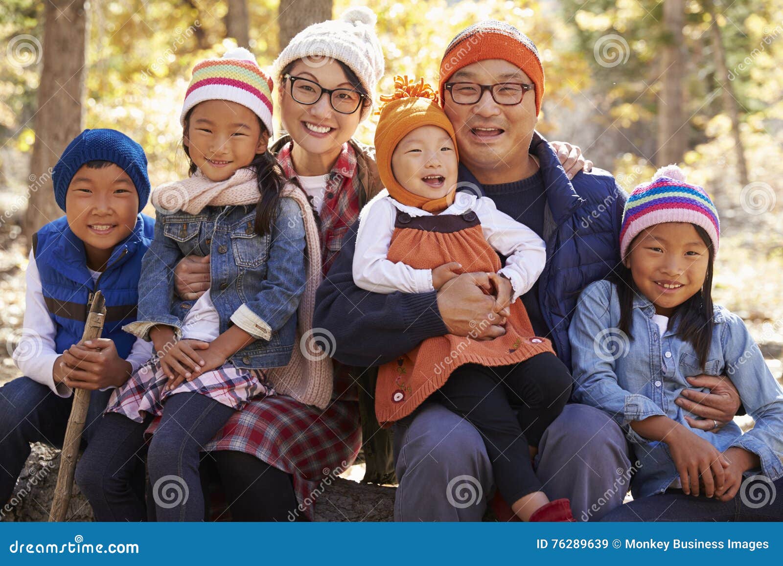 Portrait of Asian Parents and Four Kids in a Forest Stock Image - Image ...