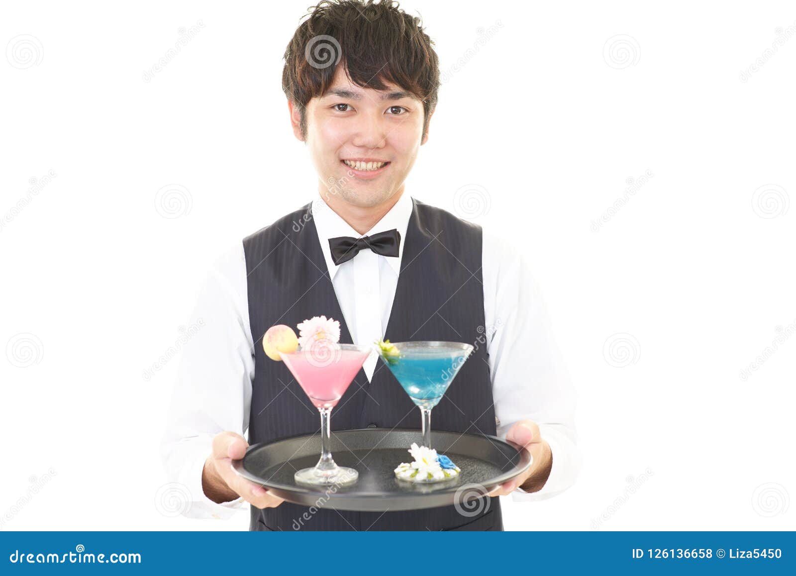 Smiling Asian waiter stock photo. Image of beauty, beverage - 126136658