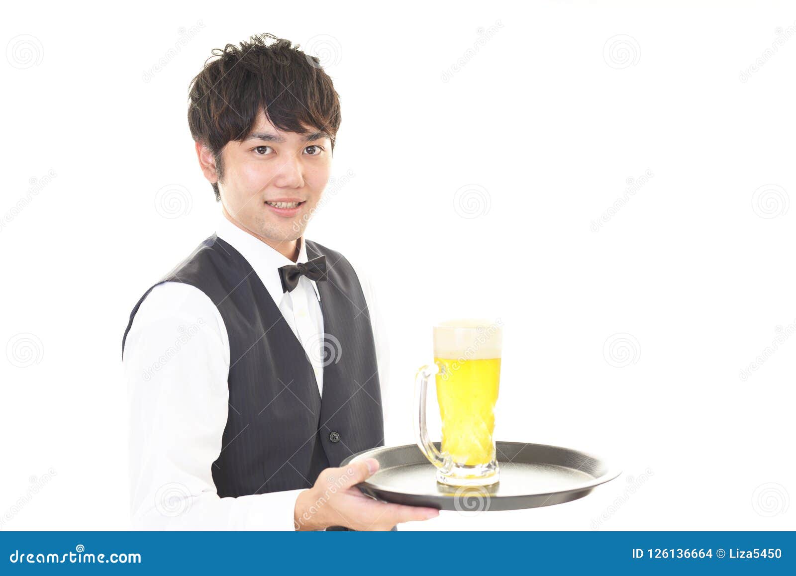 Smiling Asian waiter stock photo. Image of beer, happiness - 126136664