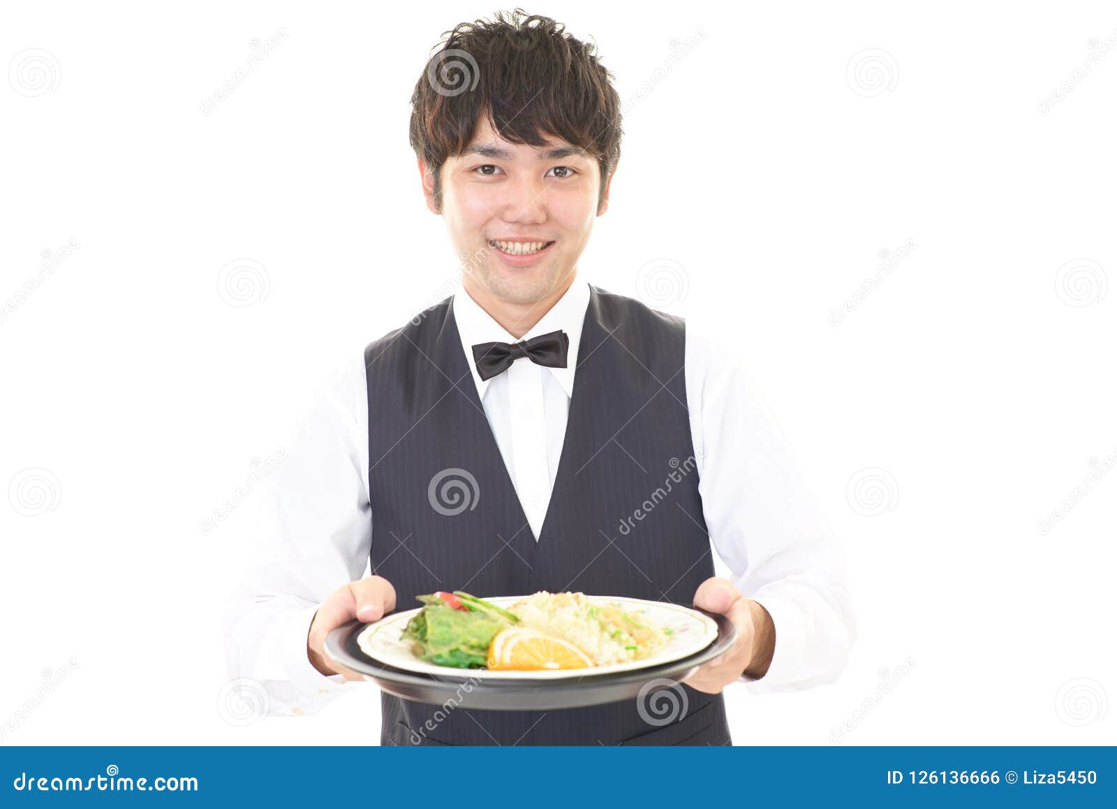 Smiling Asian waiter stock photo. Image of happiness - 126136666