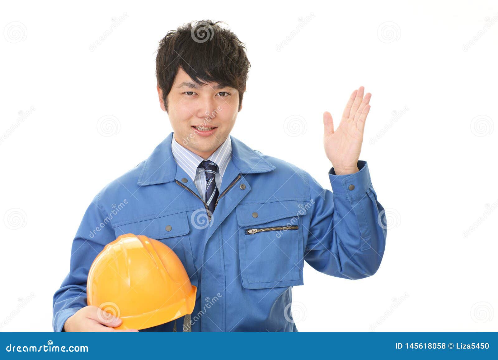 Smiling Asian worker stock photo. Image of happy, helmet - 145618058
