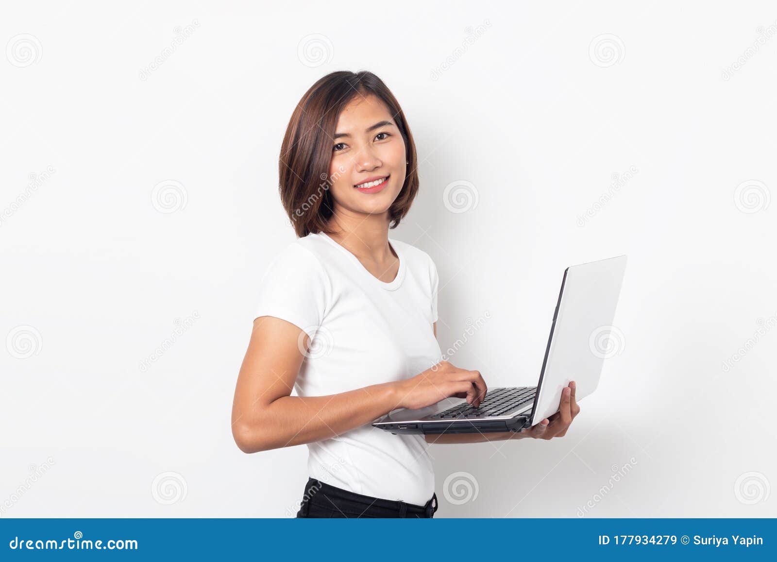 Portrait Asian Young Woman Holding Laptop Computer on White Background ... Portrait Asian Young Woman Holding Laptop Computer on White Background ...