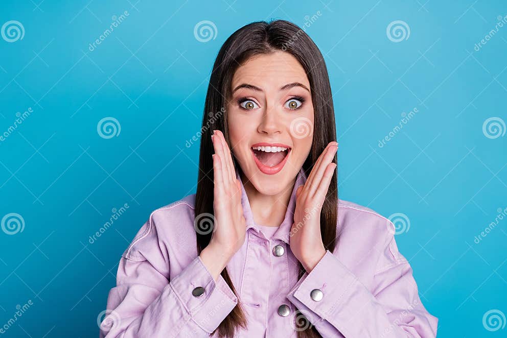 Portrait Of Astonished Crazy Candid Girl Hear Incredible Ads Novelty
