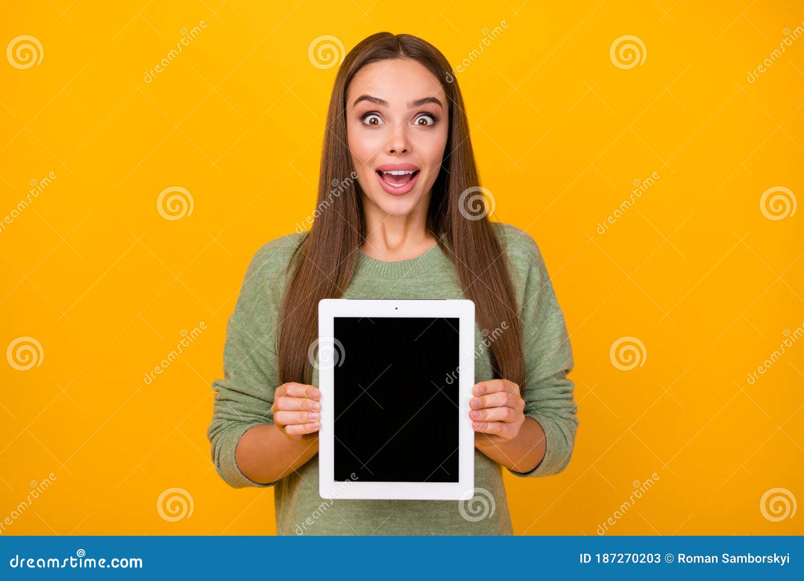 Portrait Of Astonished Crazy Girl Present Incredible Modern Technology