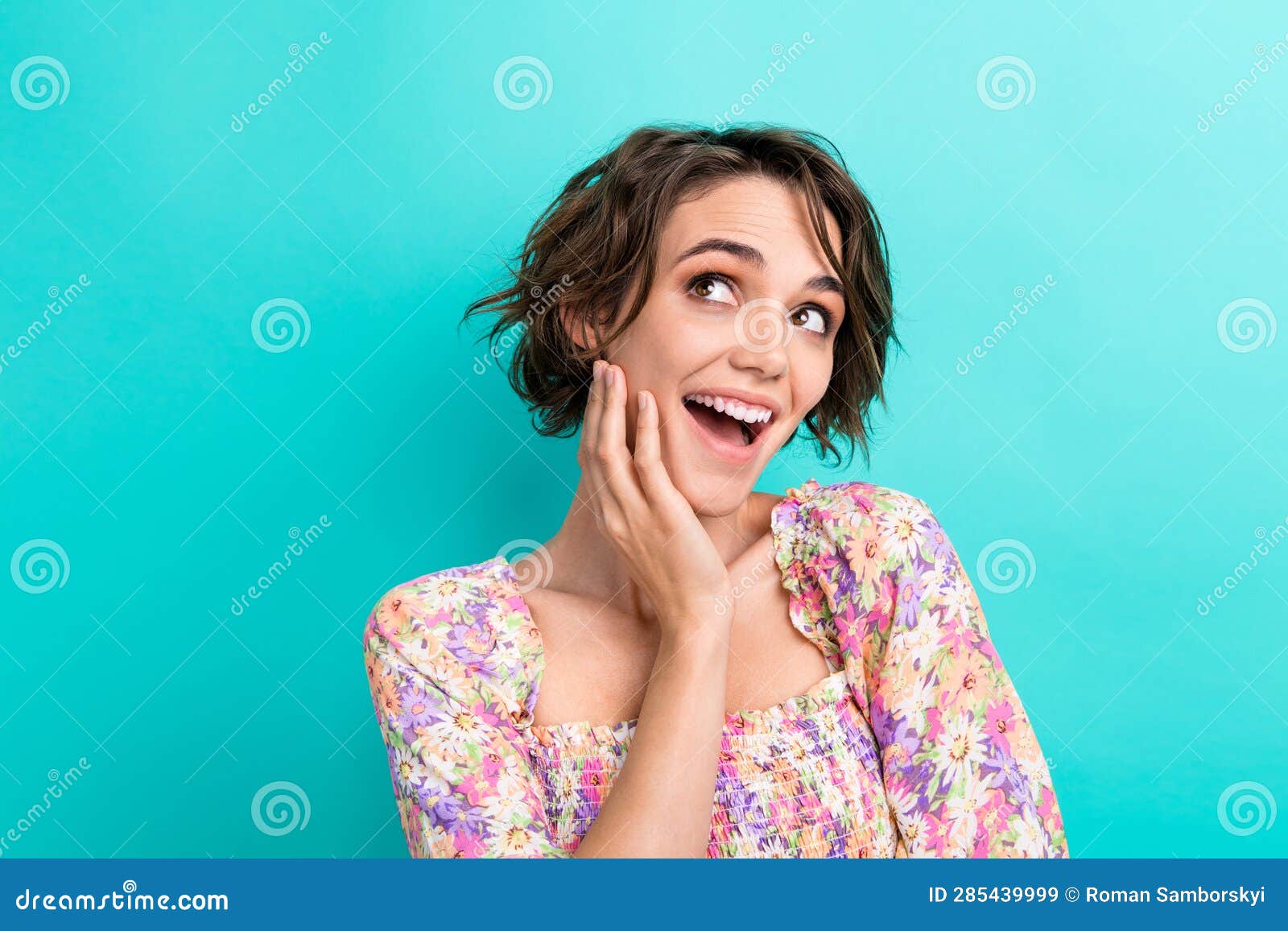 Portrait Of Astonished Creative Girl Hand Touch Chin Open Mouth Look