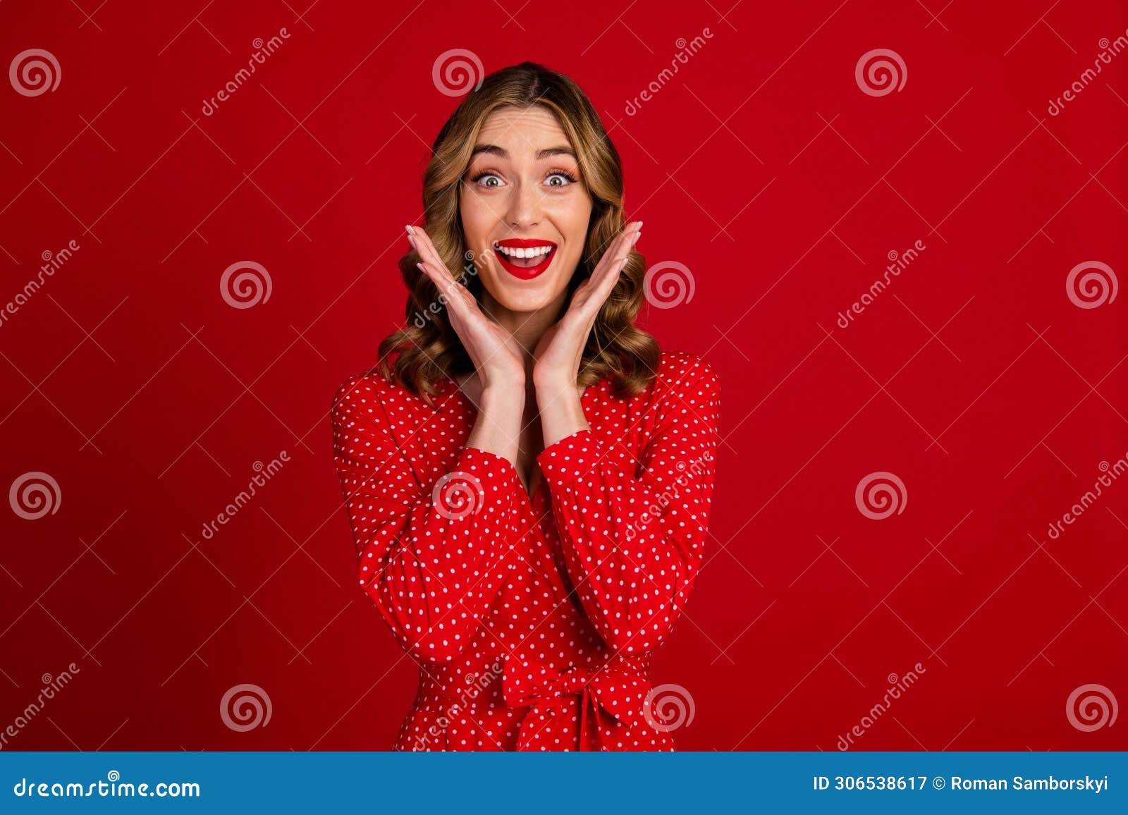 Portrait Of Astonished Gorgeous Girl Raise Hands Open Mouth