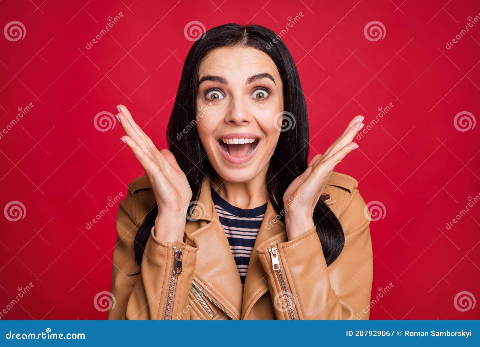 Portrait Of Astonished Lady Arms Palms Up Open Mouth Wear Striped