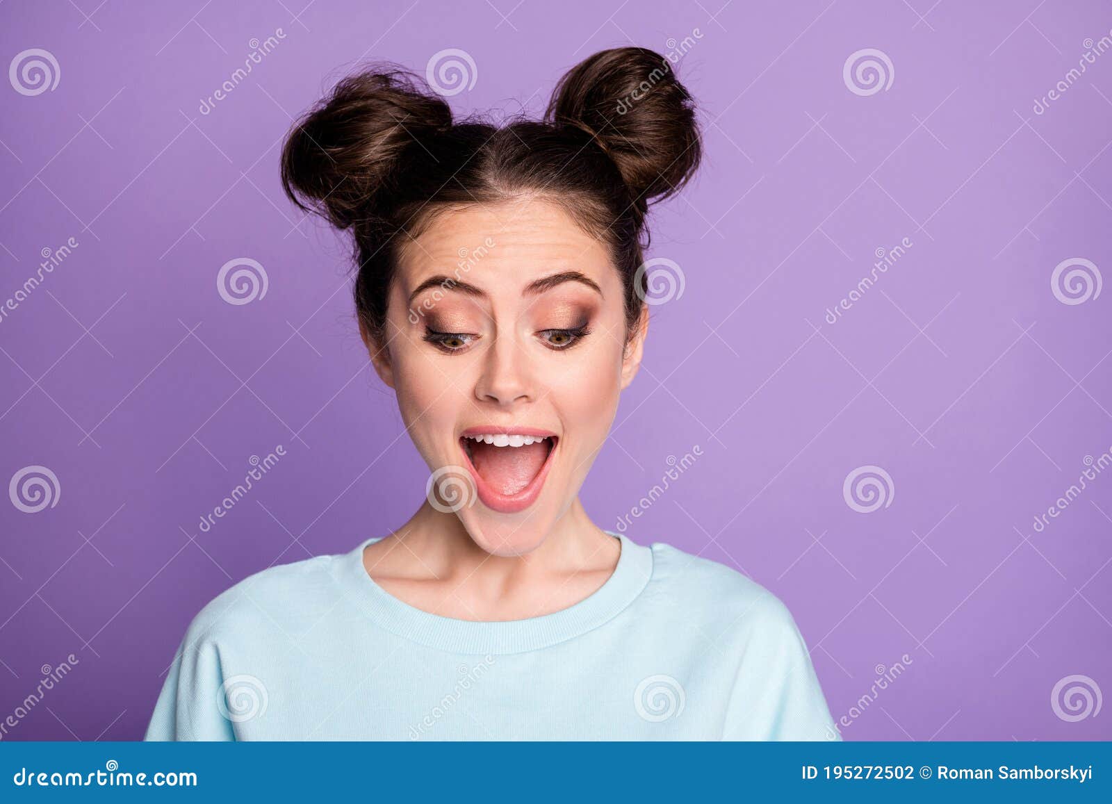 Portrait Of Astonished Positive Cheerful Girl Youth Look Down See