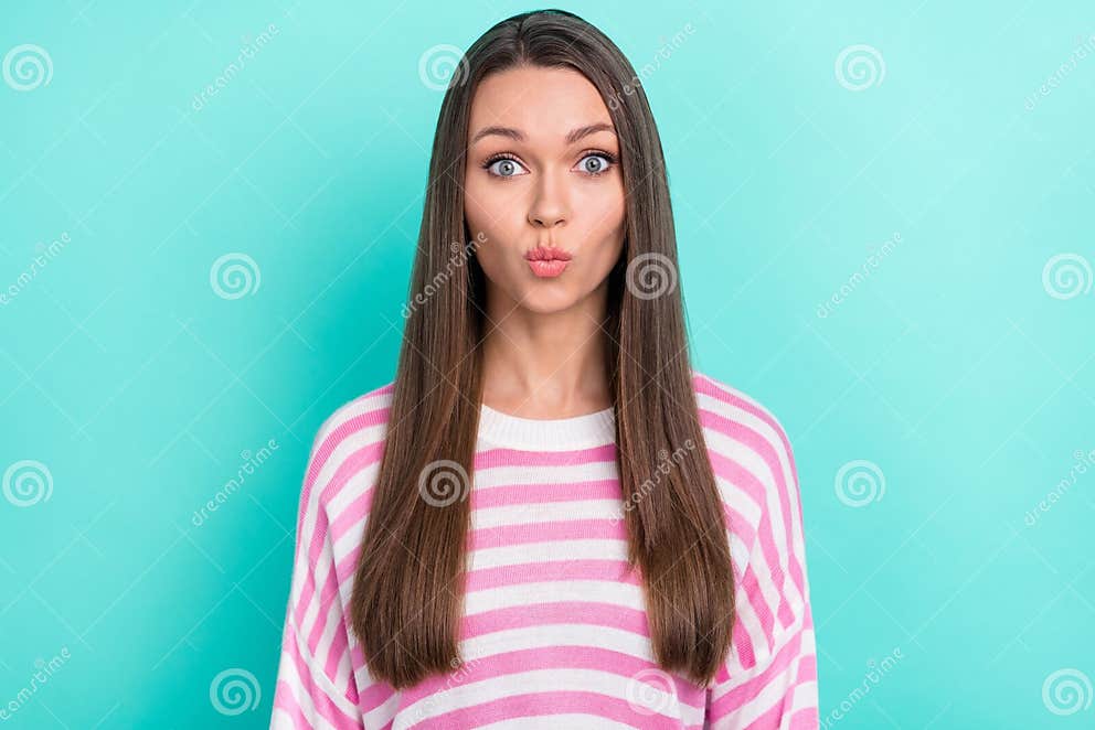 Portrait Of Attractive Amorous Girl Wearing Striped Jumper Sending Air