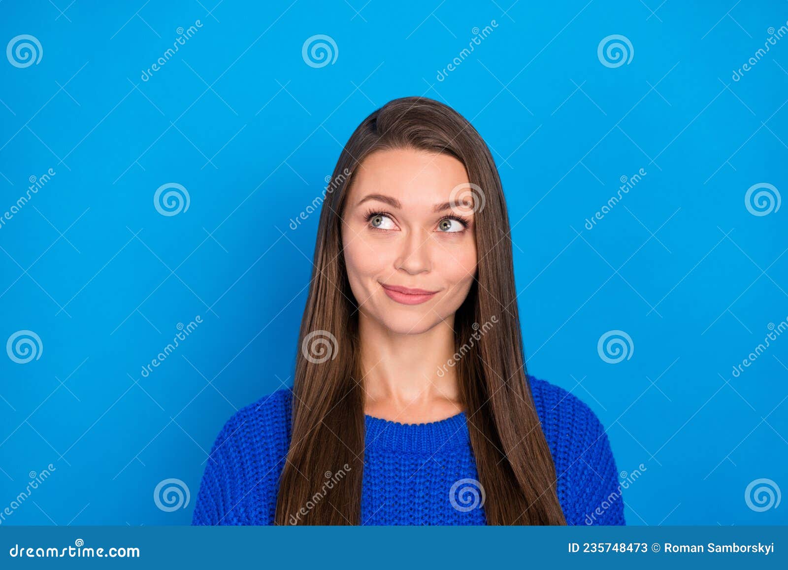 Portrait Of Attractive Cheerful Curious Brown Haired Girl Thinking Copy