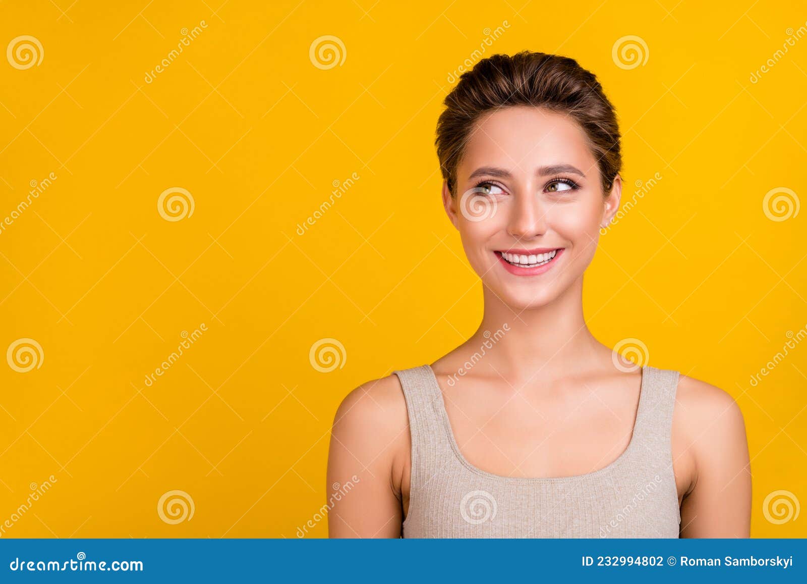 Portrait Of Attractive Cheerful Curious Girl Overthinking Copy Blank