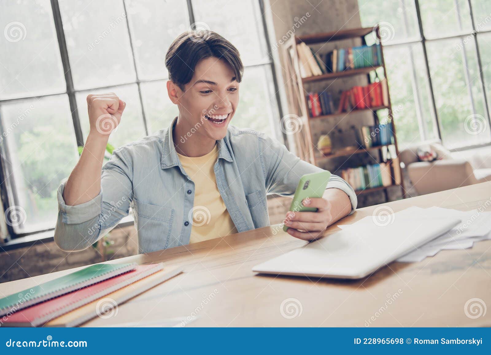 Portrait of Attractive Cheerful Guy Learner Using Gadget Searching ...