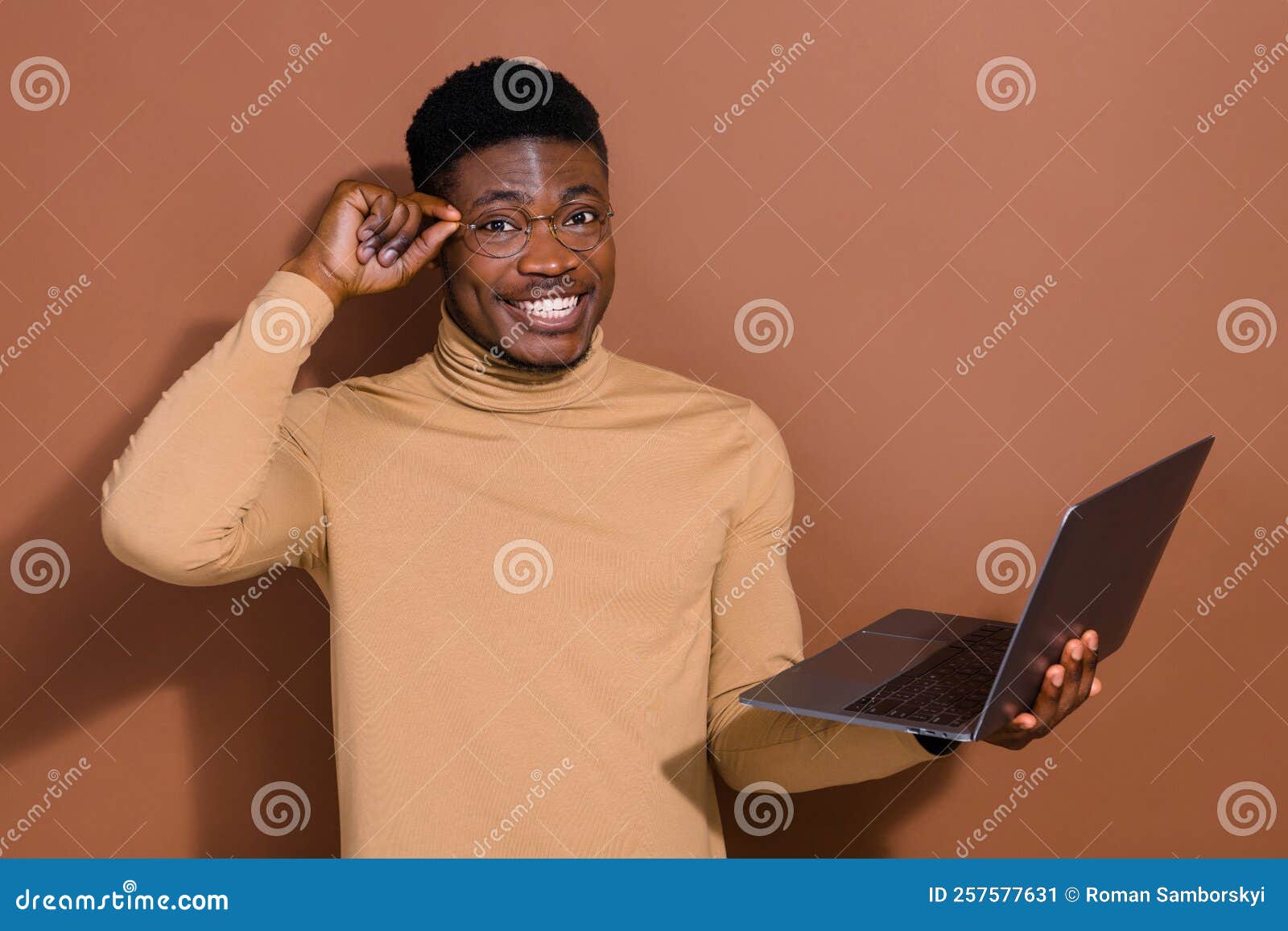 Portrait of Attractive Cheerful Smart Clever Guy Using Laptop ...