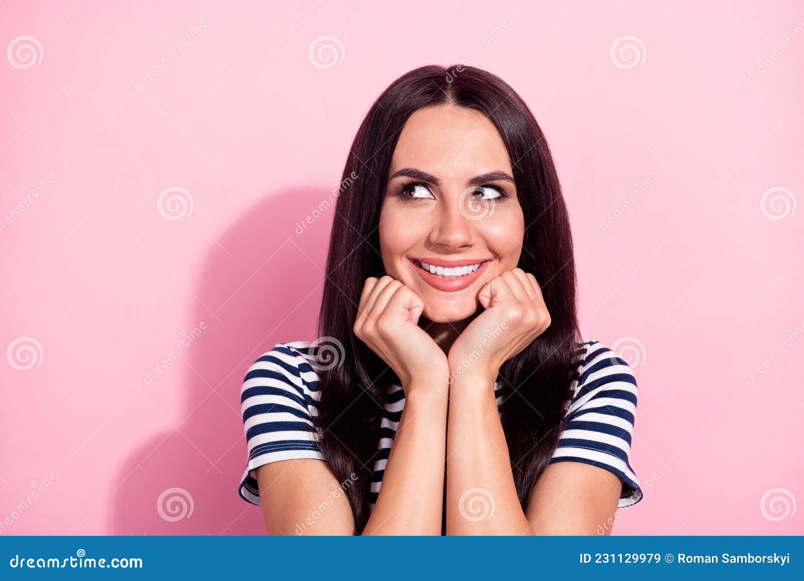 Portrait Of Attractive Curious Cheerful Girl Creating Solution Copy