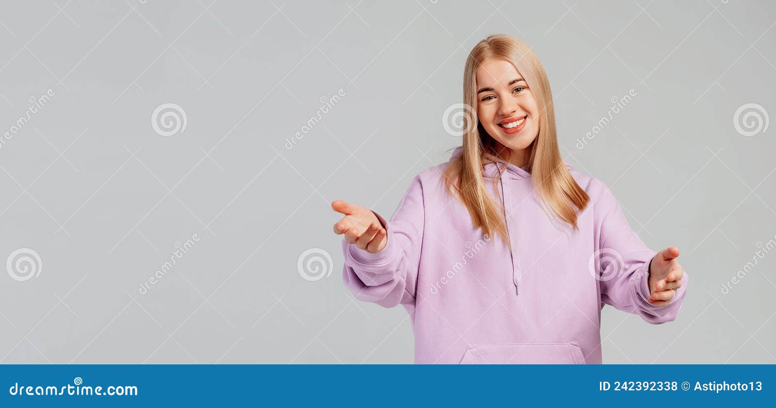 Portrait Of Attractive Female Model Stretching Out Arms At Camera For Hug Hugging Embracing