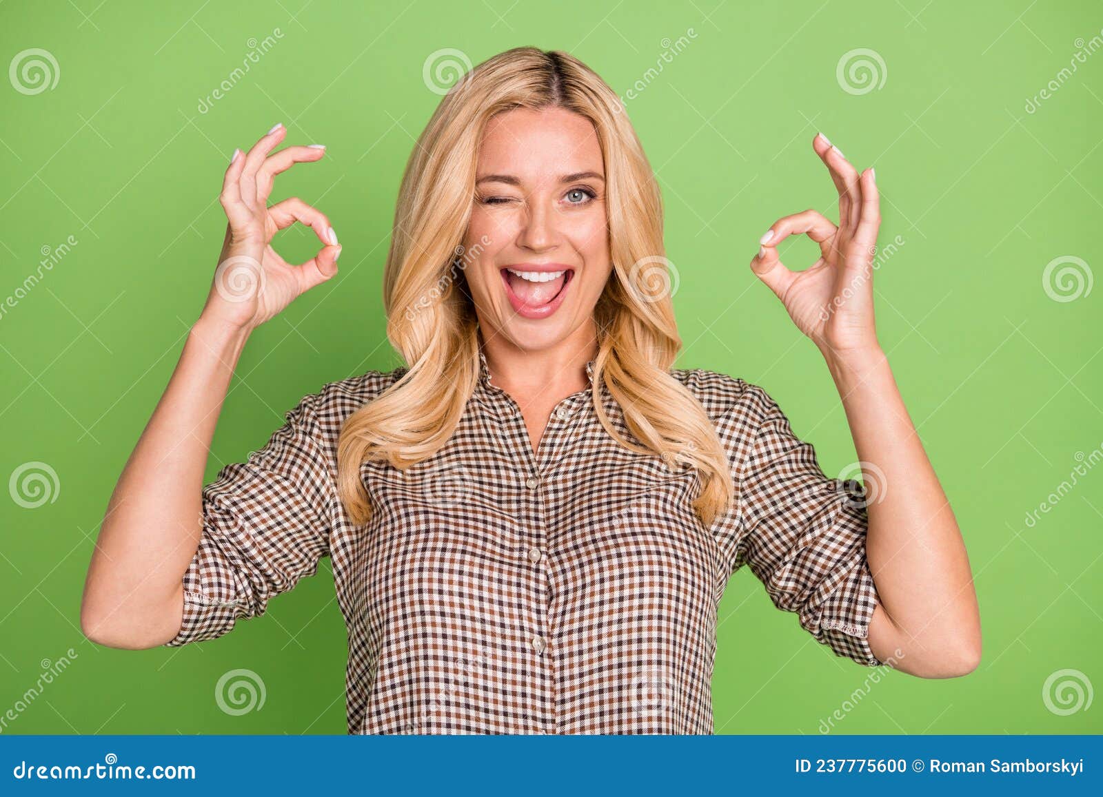 Portrait Of Attractive Flirty Cheerful Woman Showing Double Ok Sign