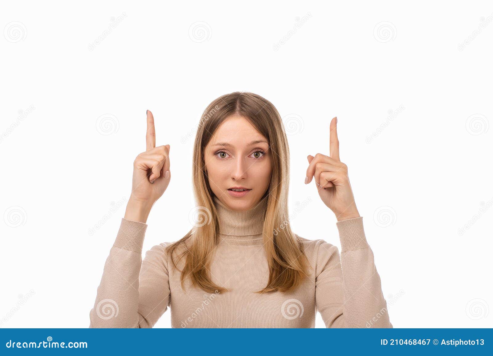 Portrait Of Attractive Girl Pointing Fingers Up Showing Good Shopping