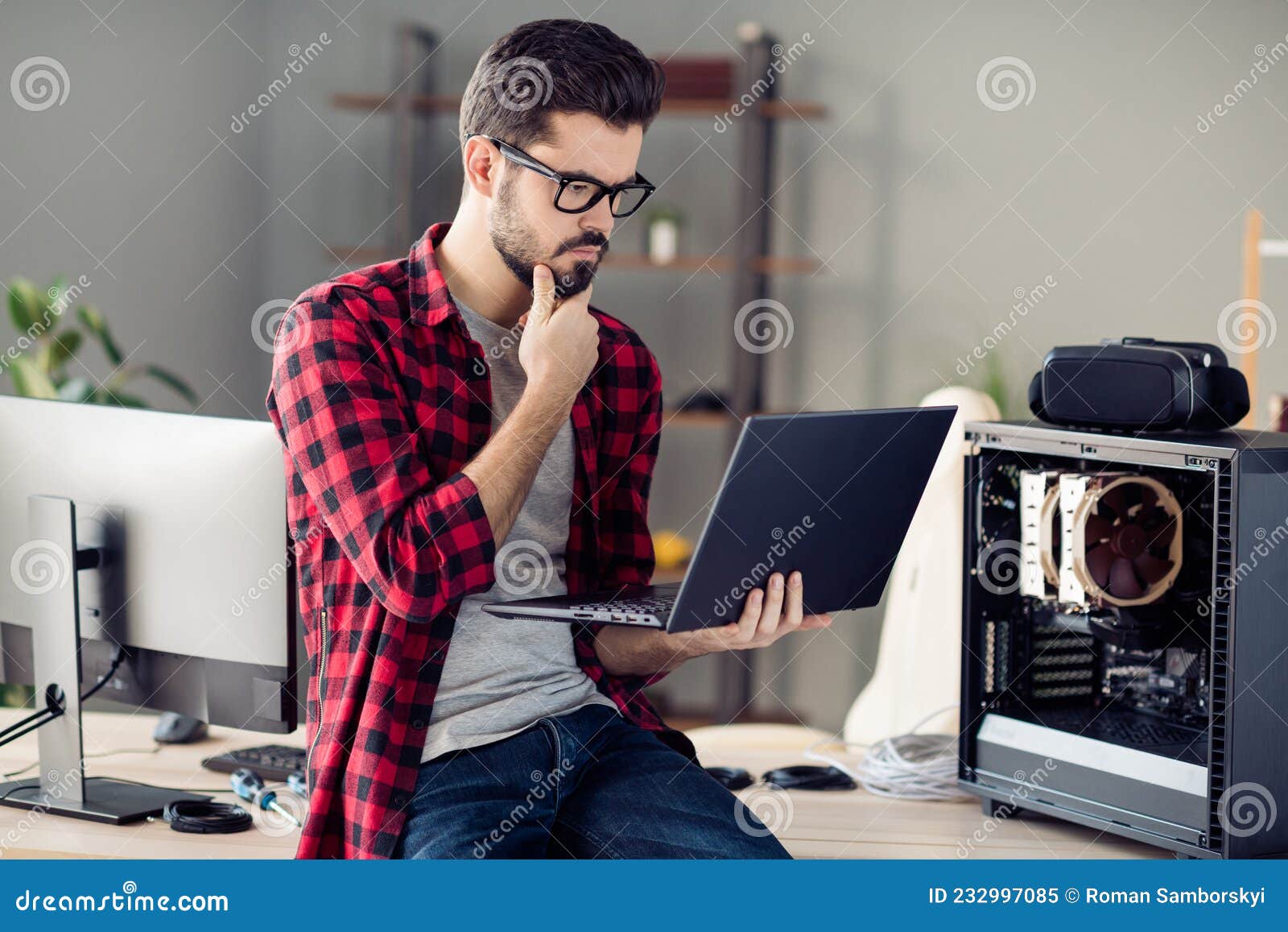 Portrait of Attractive Minded Guy Checking Server Error Solving Web ...