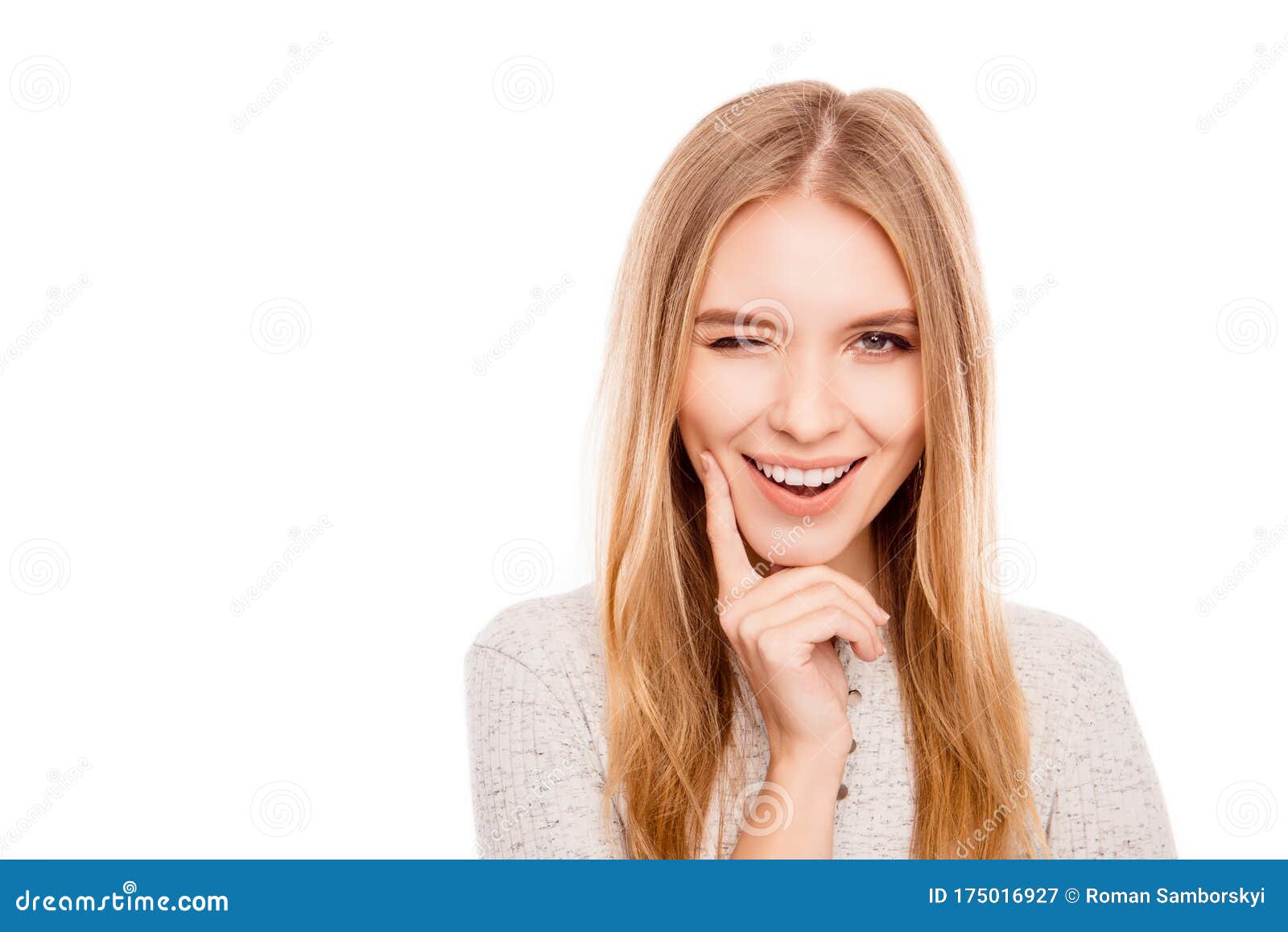 Portrait Of Attractive Minded Happy Woman Winking And Flirting Stock