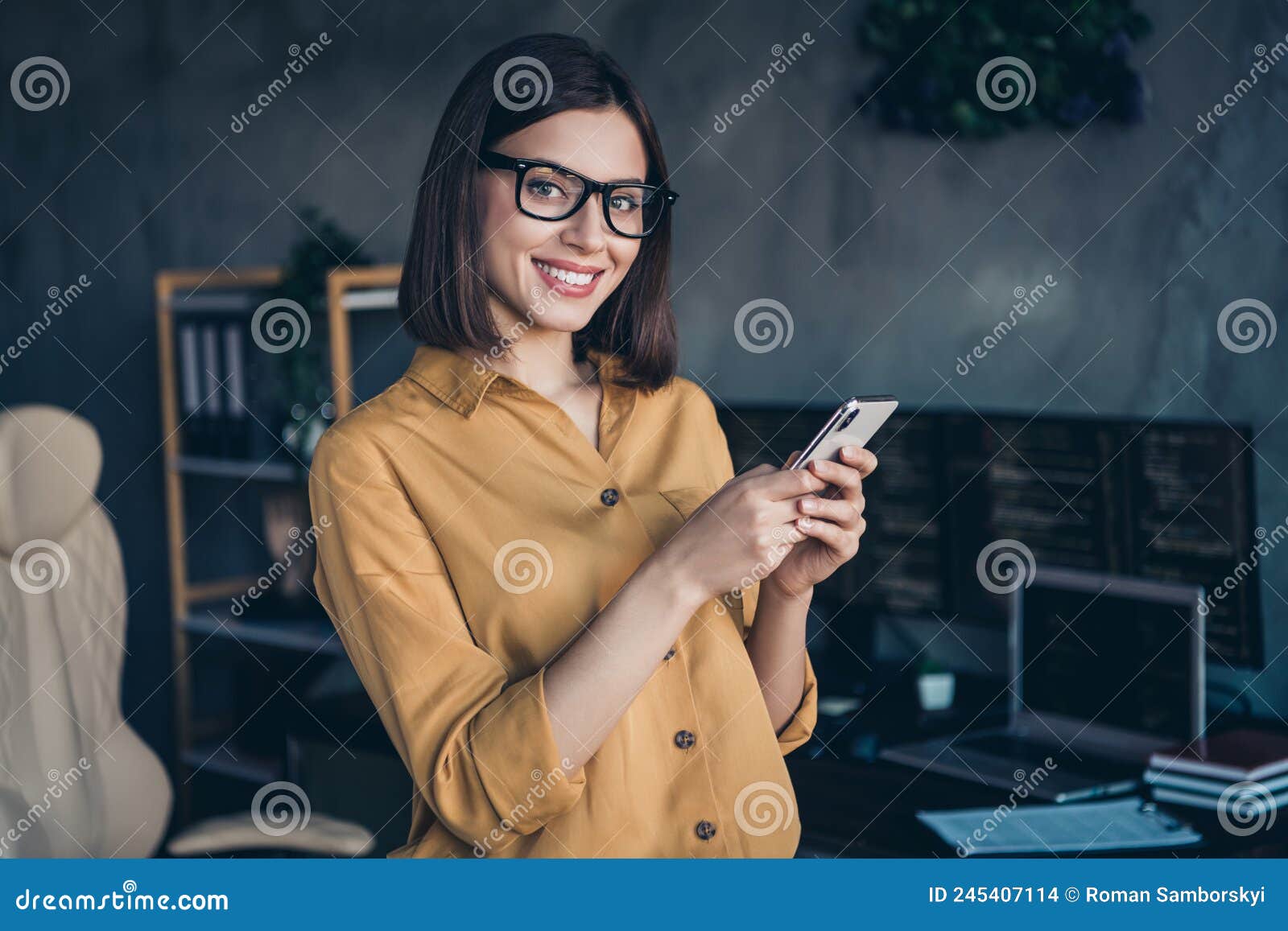 Portrait of Attractive Skilled Cheerful Girl Expert Using Device Gadget ...
