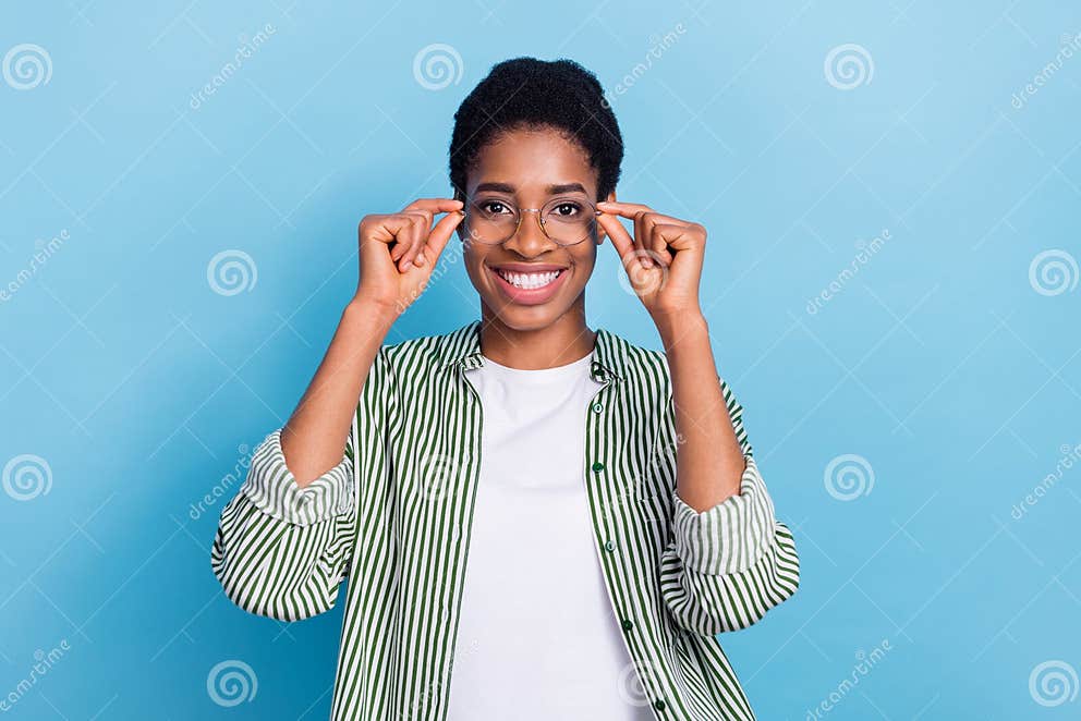 Portrait Of Attractive Smart Clever Cheerful Girl Touching Specs